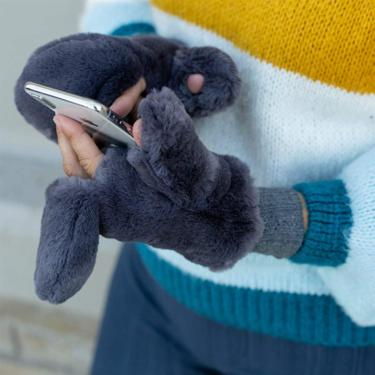 Funky Junque Mittens Women's Faux Fur Warm Fuzzy Soft Fingerless Gloves - Black