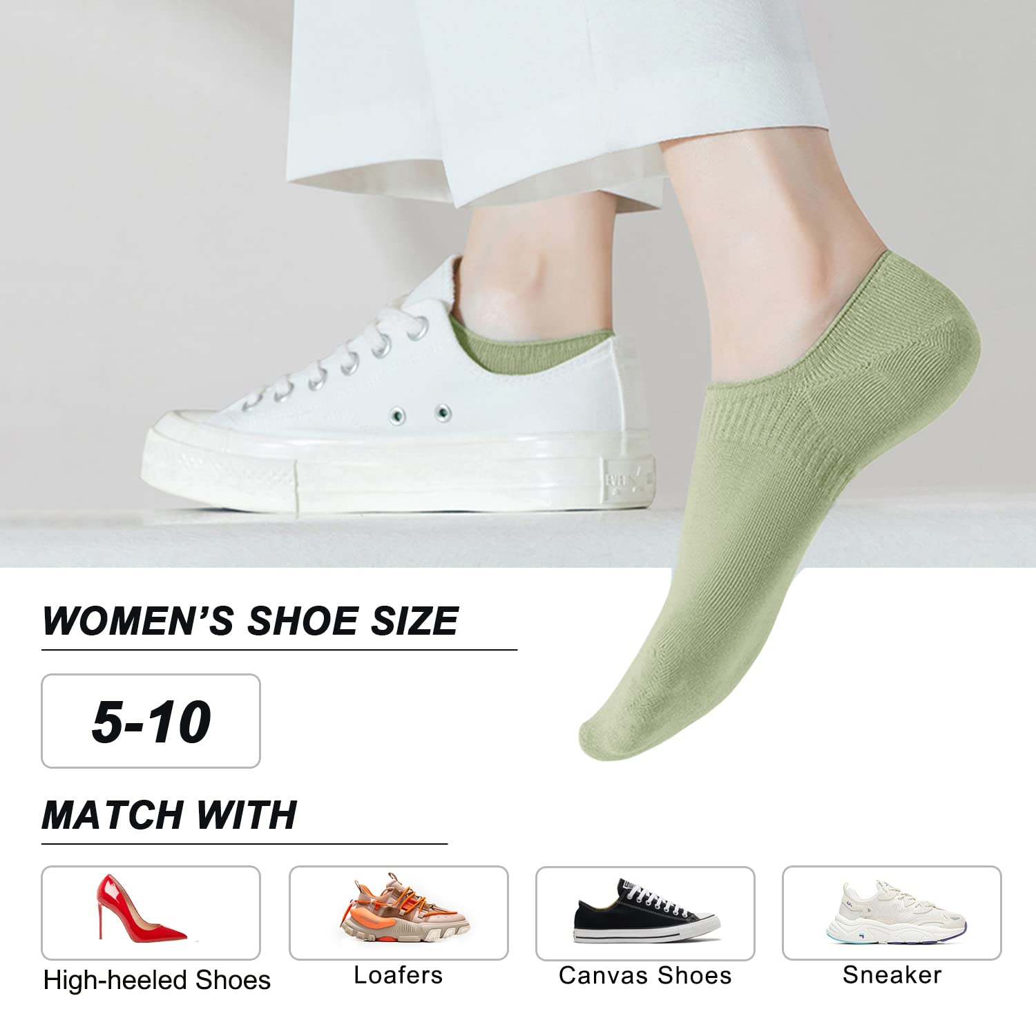 Hi Clasmix No Show Socks Womens Low Cut Breathable Liner Non Slip for Flats Boat Invisible Summer Hidden Socks (5 Pairs White)