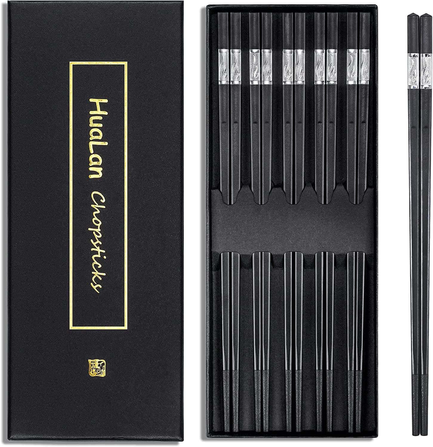 HuaLan Fiberglass Chopsticks Set, Dishwasher Safe Chopsticks, Non-slip Design Chop Sticks, Reusable Japanese Style Chopstick, 9 1/2 Inches 5 Pairs, Silver, Gift Set