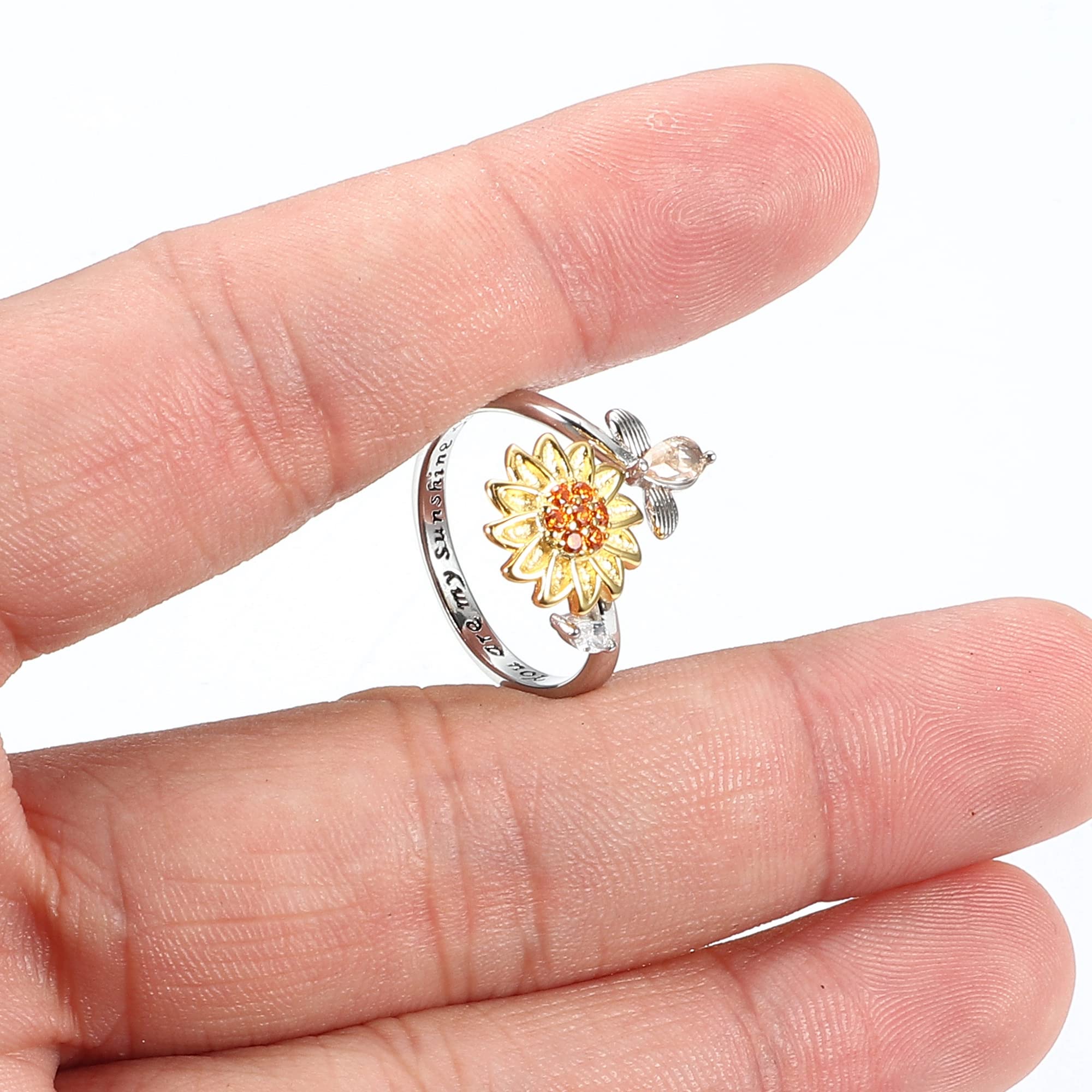 FUNRUN JEWELRY 925 Sterling Silver Flower Fidget Spinner Rings for Women Anxiety Adjustable Bee Daisy Open Ring Relieving Stress Stackable Rings Anti Anxiety Jewelry Gift