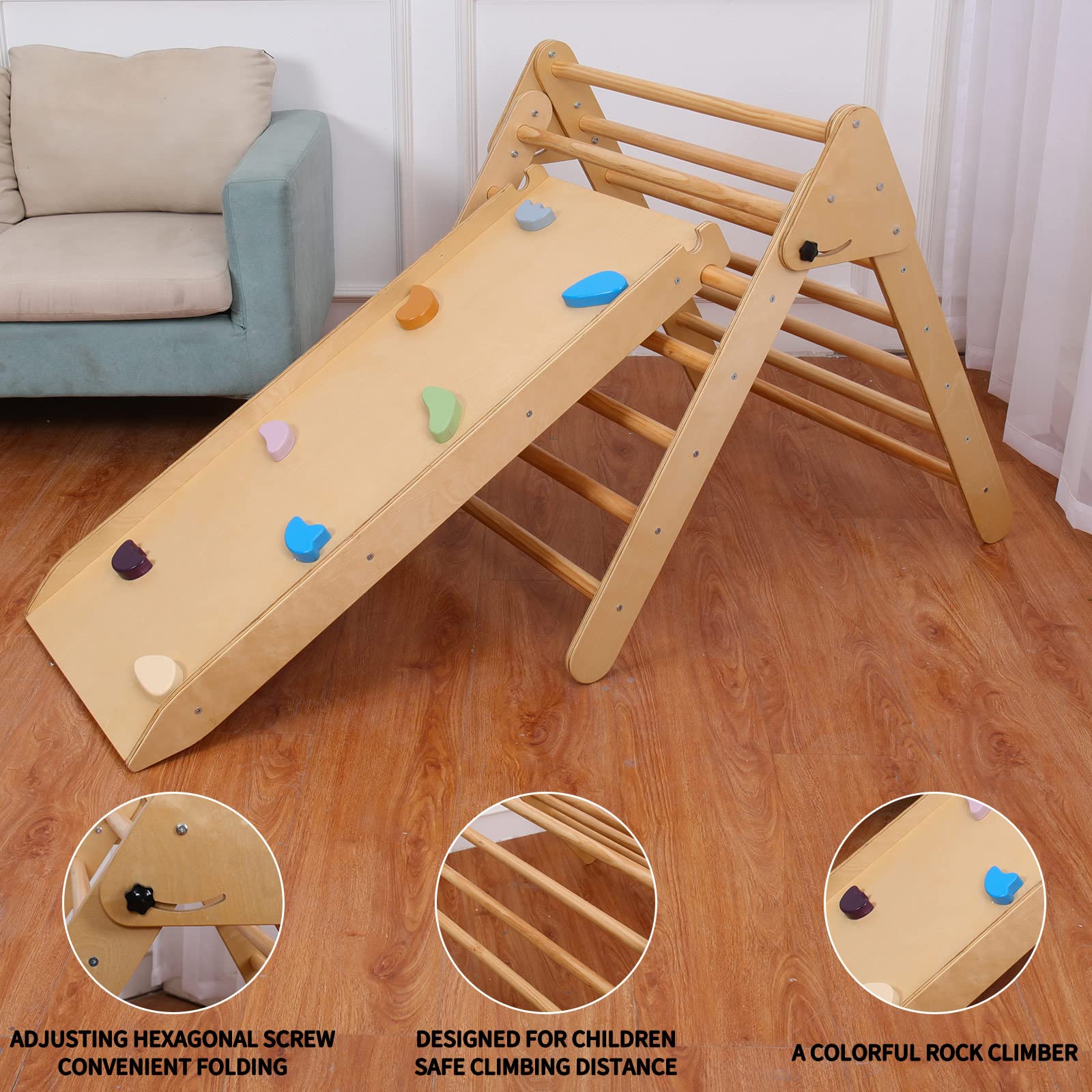 lekaihuai Pikler Triangle Climber with Ramp, Foldable Wooden Montessori Climbing Triangle Se(twood)