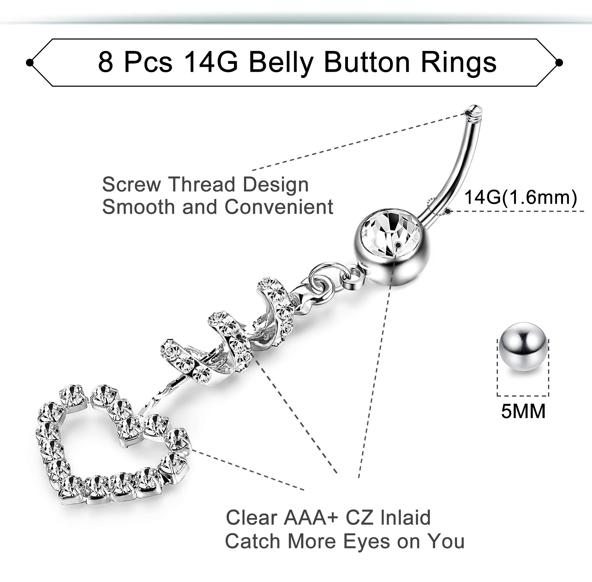 FUNRUN JEWELRY 8PCS 14 G Stainless Steel Dangle Belly Button Ring Navel Piercing Clear CZ Inlay Body Piercing Jewelry Barbell Silver Tone