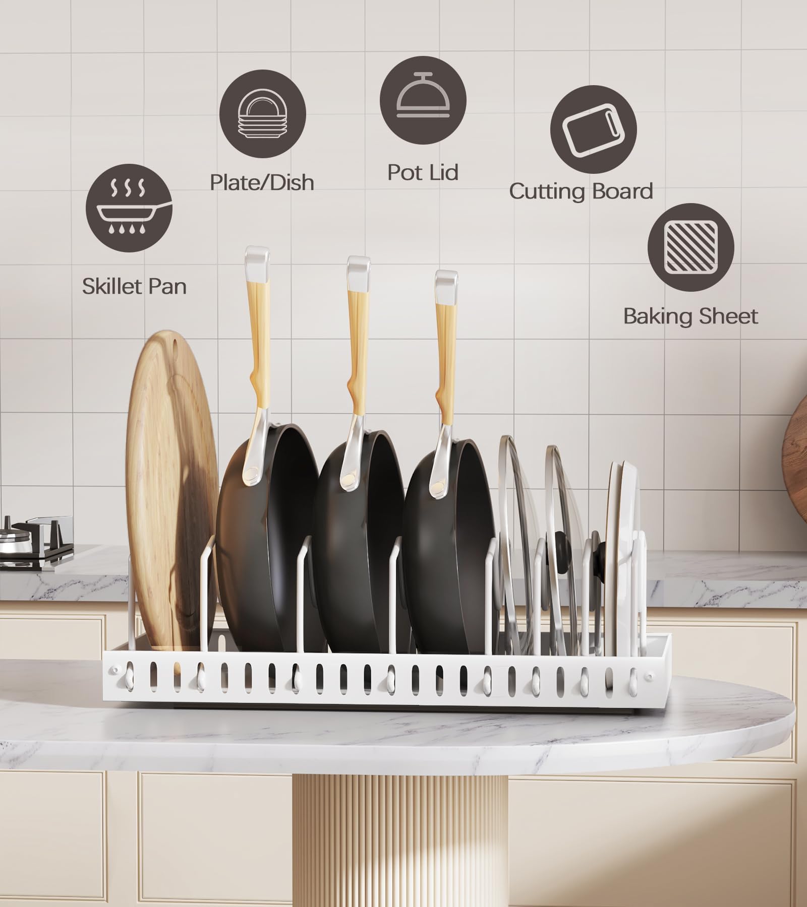 Pull Out Pots and Pans Organizer Under Cabinet, Sliding Lid Holder and Pan Rack in Kitchen, Slide Out inside Cabinet Storage for Pot Lid, Bakeware, Dishes, 8 Adjustable Dividers, 2 Pack White