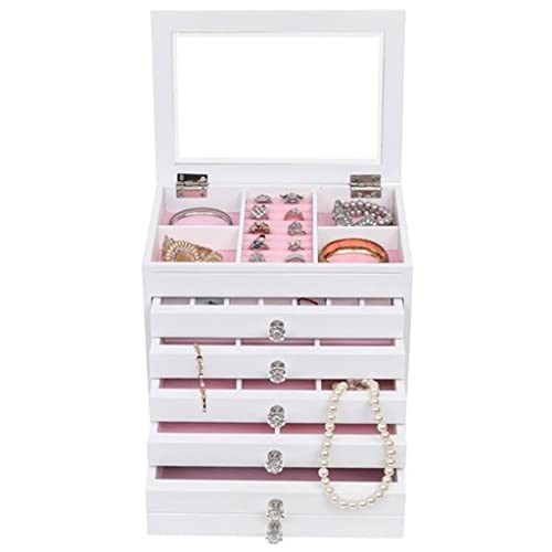 ZSEDP High Large Gloss Wooden Jewellery Box Armoire Bracelet Organizer Storage 5 Layers Glass White US Warehouse