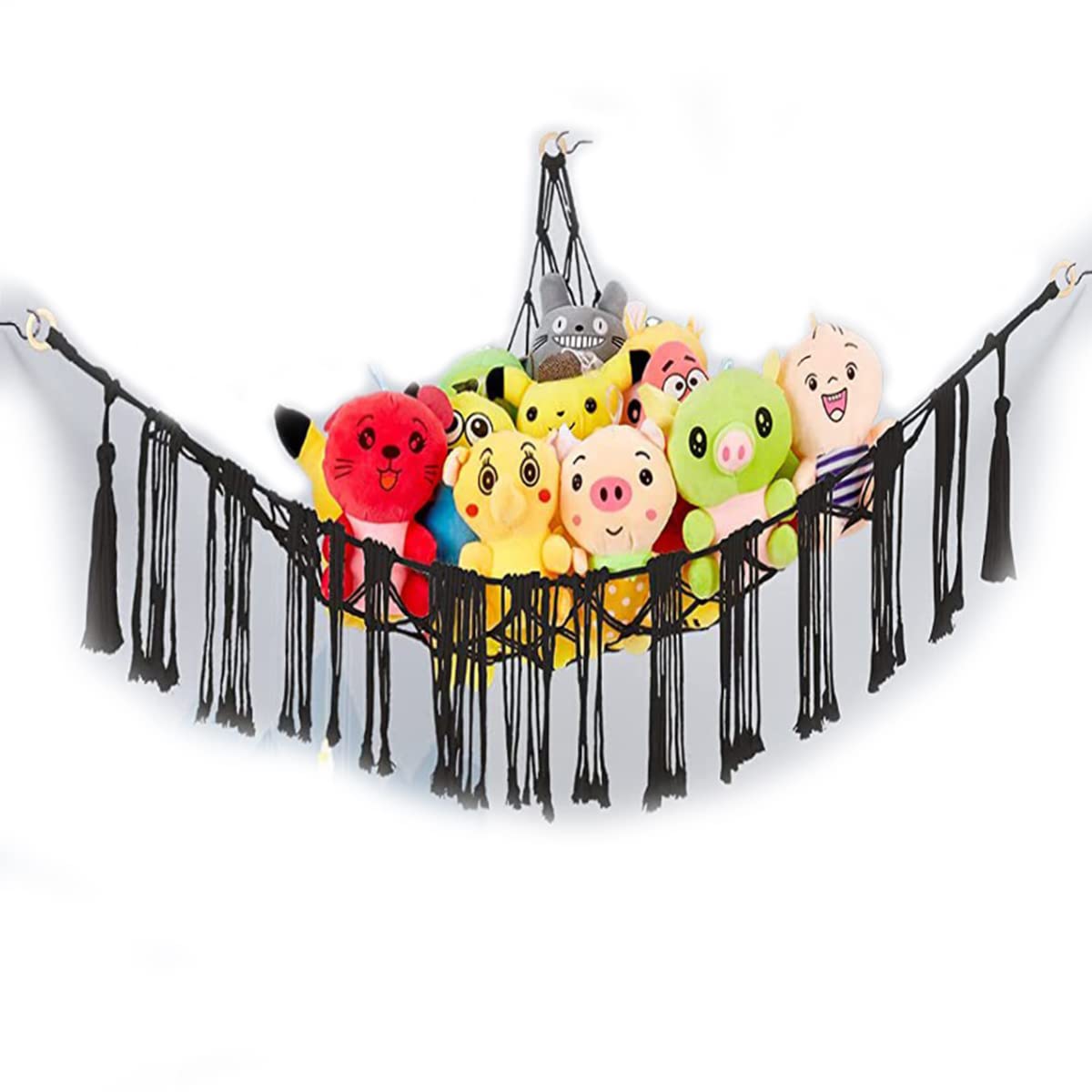 HZIYOU Hanging Corner Net for Stuffed Animals Storage, Stuffed Animal Hammock Holder with Hooks for Hanging, Toy Organizer for Bedroom Nursery Crib Kindergarten (Black)