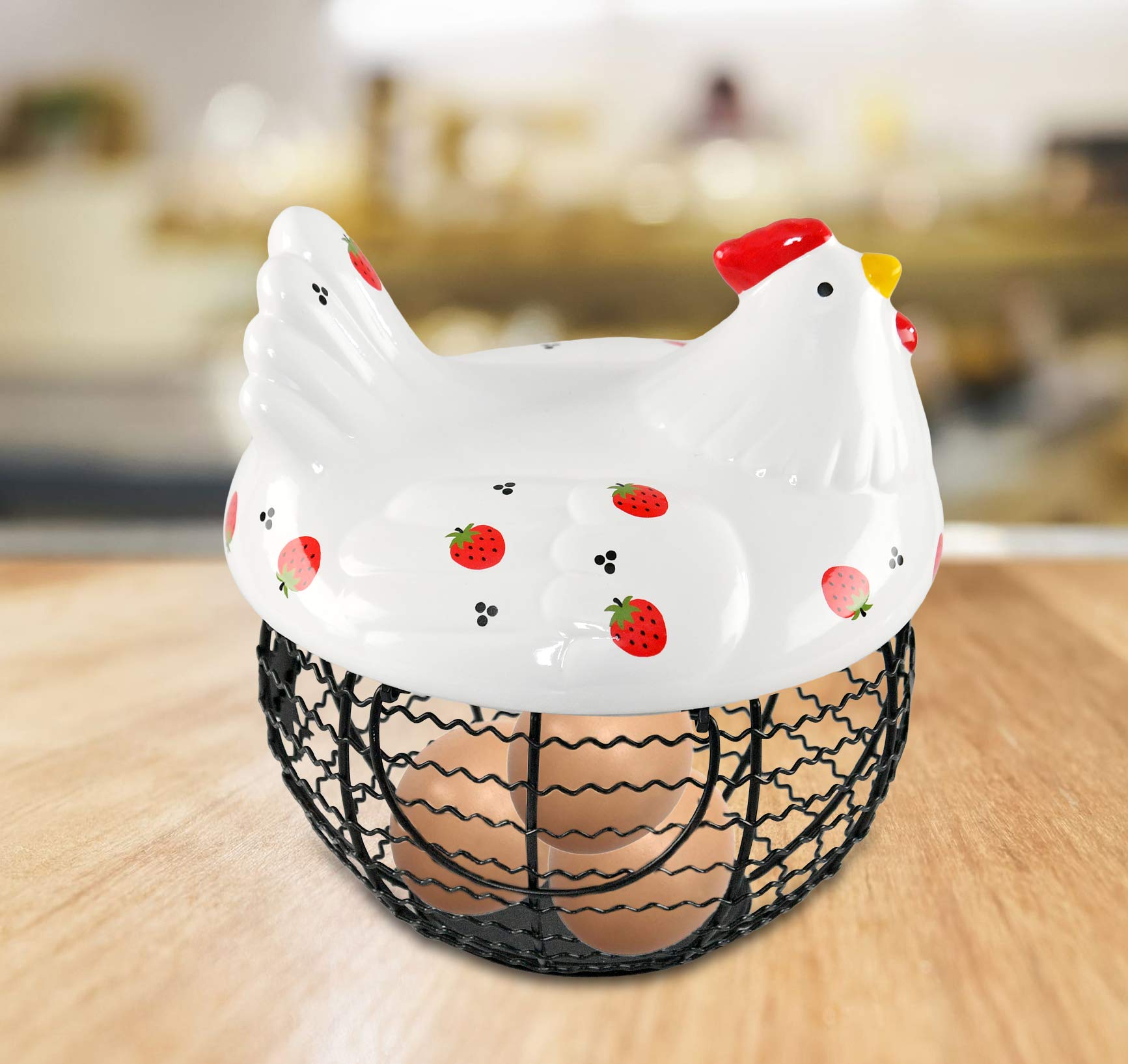 HOME-X Chicken Egg Basket for Egg Storage, Ceramic and Iron Decorative Basket with Chicken Design, Farmhouse Kitchen Decor, Holds 20–25 Eggs, Strawberry Print