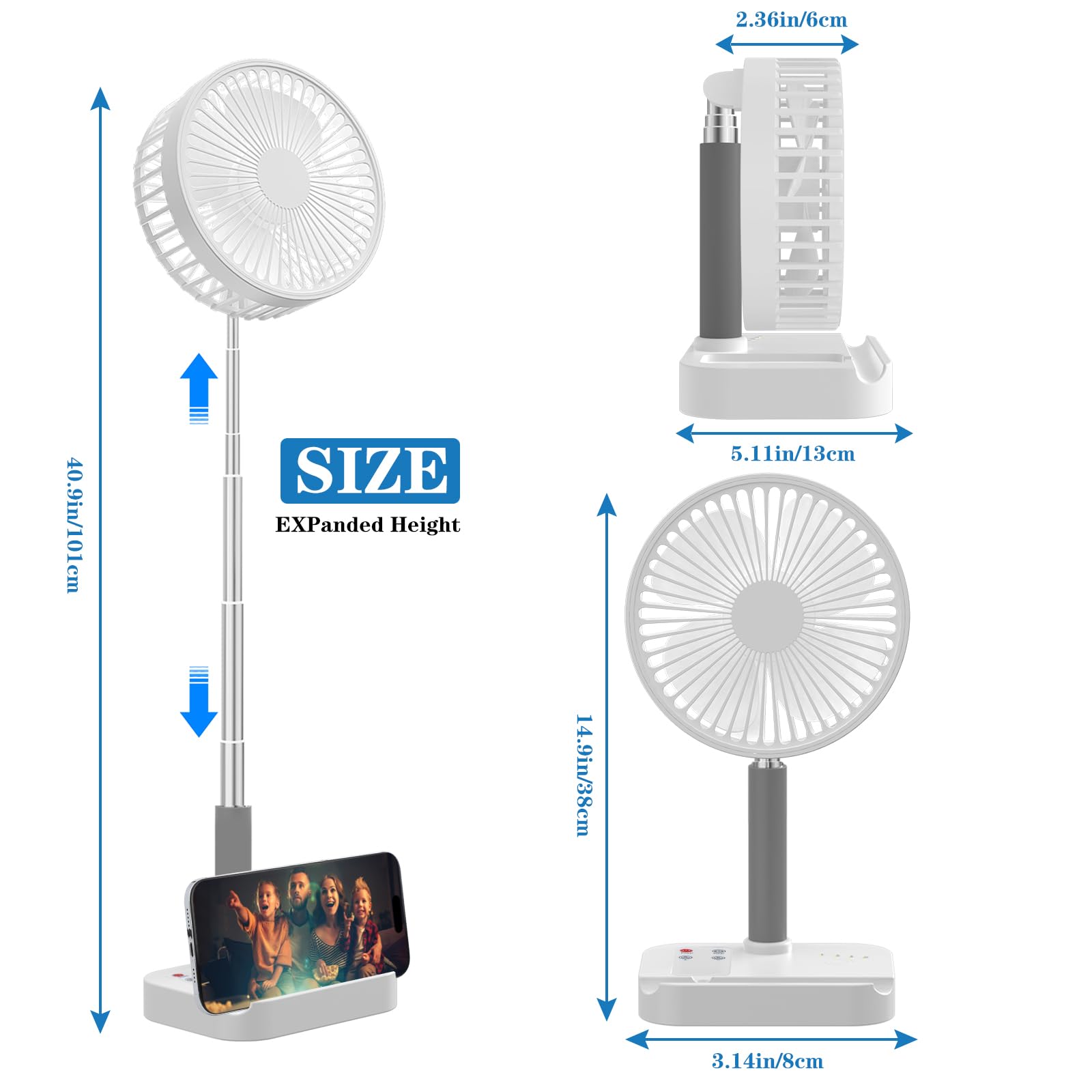 Portable fan rechar geable USB Standing Fan Foldable Desk Fan Wireless Use Rechargeable Battery Remote Control 4 Speed Quiet Timertelescopic Fan for office Home Kitchen Outdoor Camping (white)