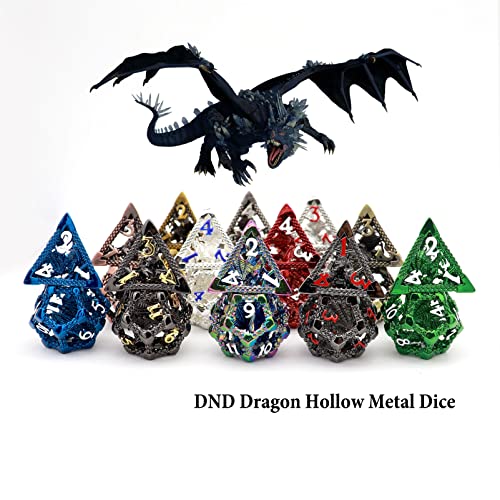 Haxtec Hollow Metal DND Dice Set 7PCs Flying Dragon Rainbow D&D Dice Set with Leather Dice Bag for Dungeons and Dragons TTRPG Gift