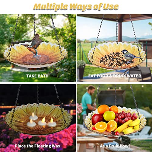 MUMTOP Hanging Bird Bath Outdoor Glass Bird Baths Sunflower Bird Feeder with Water Ripple Rim 11 Inch for Garden Yard Patio Decor