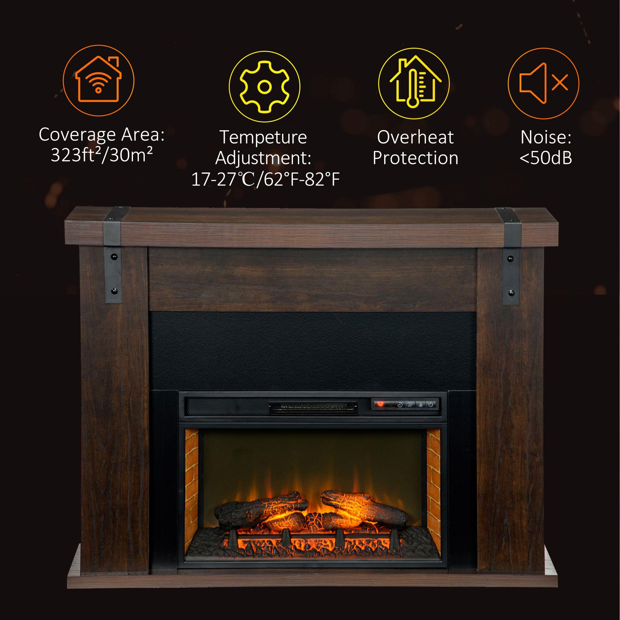 HOMCOM 35" Electric Fireplace with Mantel, 1400W Freestanding Fireplace Heater with Remote Control, Overheat Protection, Timer, Brown