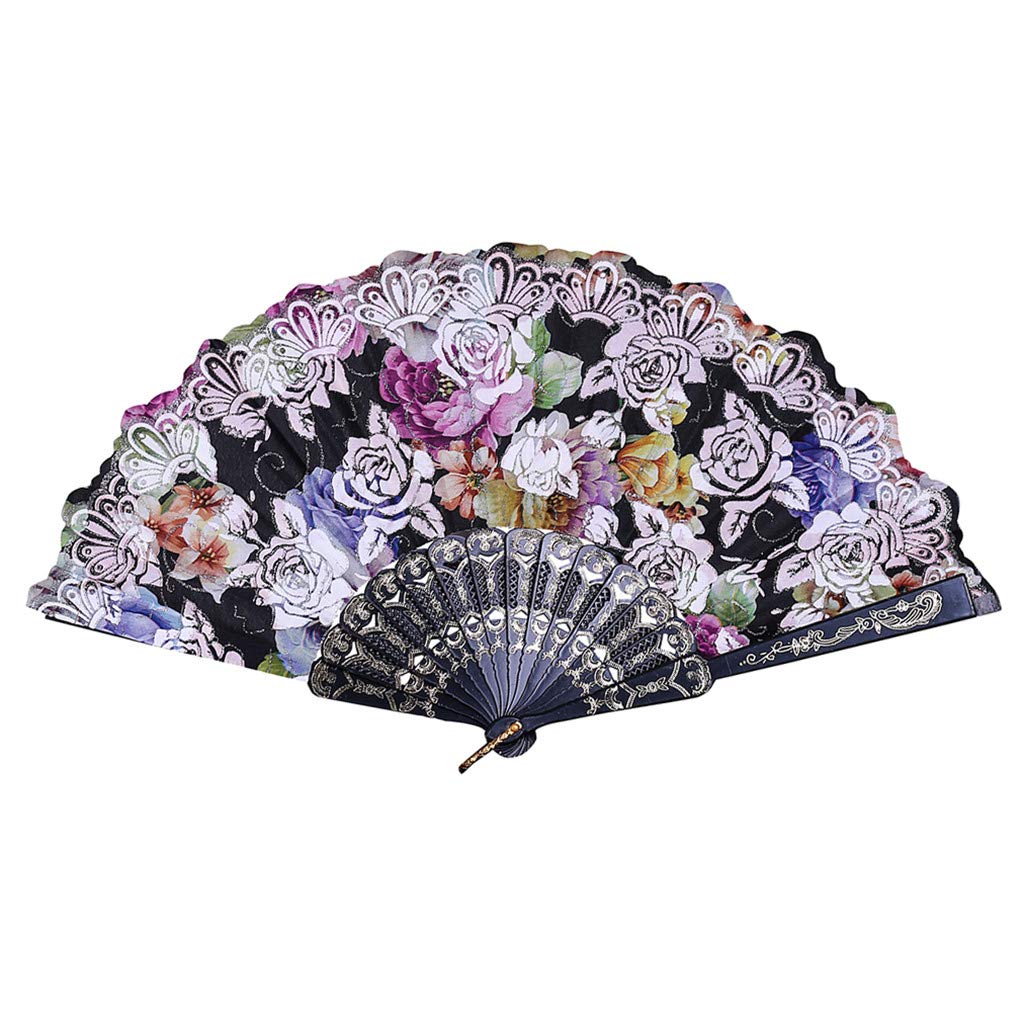 Hand Fans Folding fan Pattern Hand Fan Silk Bamboo Folding Hand Folded For Church Wedding dance party colorful Lace Silk Folding Handmade (Color : A)