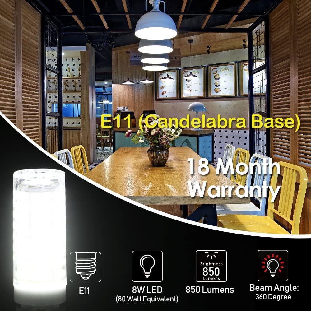 Hhong E11led Bulb Chandelier Light Bulbs Candelabra led Light Bulbs 8W 850 lumens Equal 75w 100w of a Halogen lamp Color Temperature 6000K(4pcs), E11 Sunlight White 4pcs, 4 Count (Pack of 1)