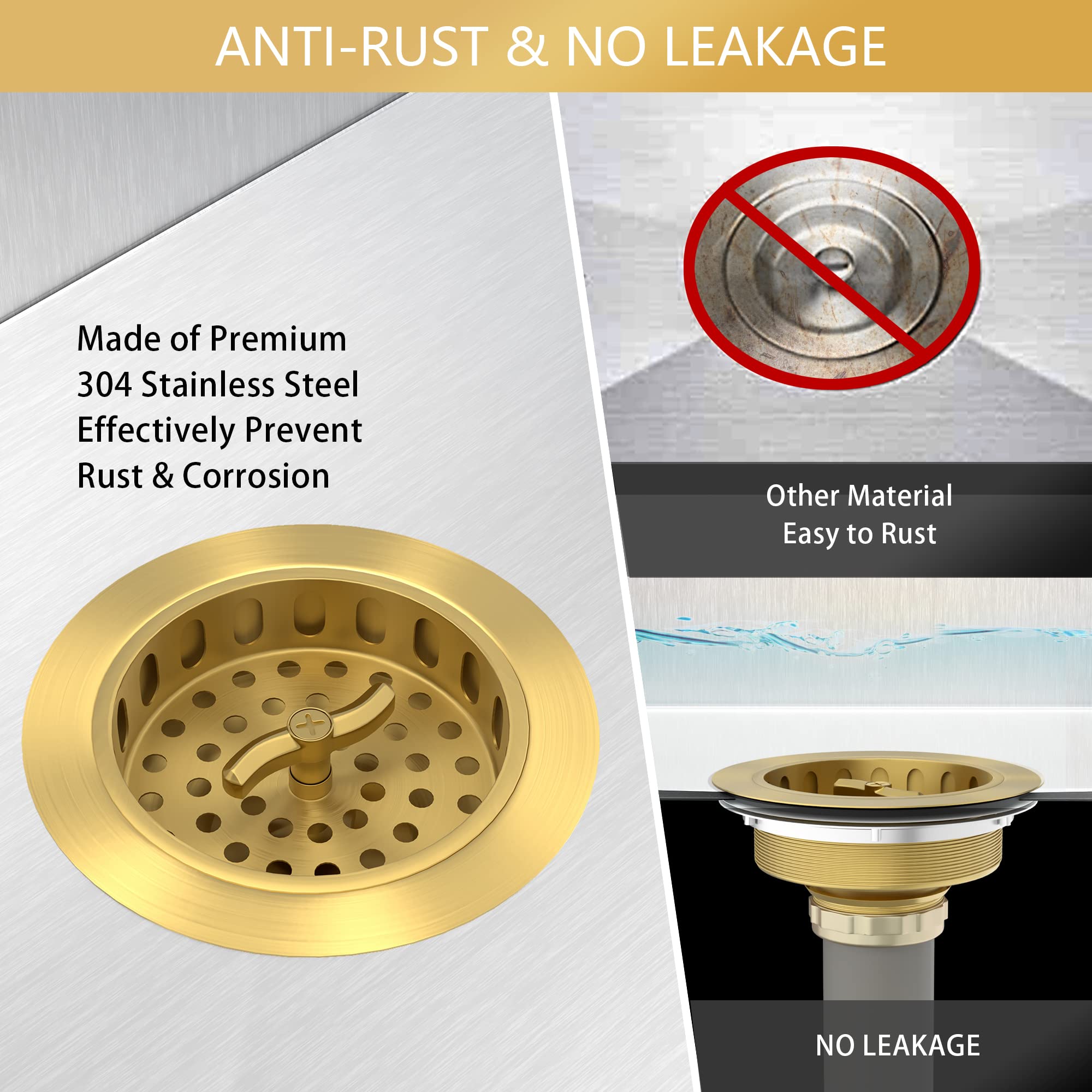 Gold Sink Drain Strainer 3-1/2 Inch Kitchen Sink Drain Assembly Kit with Stainless Steel Strainer Basket and Drain Stopper for Standard Kitchen Sink Brushed Gold