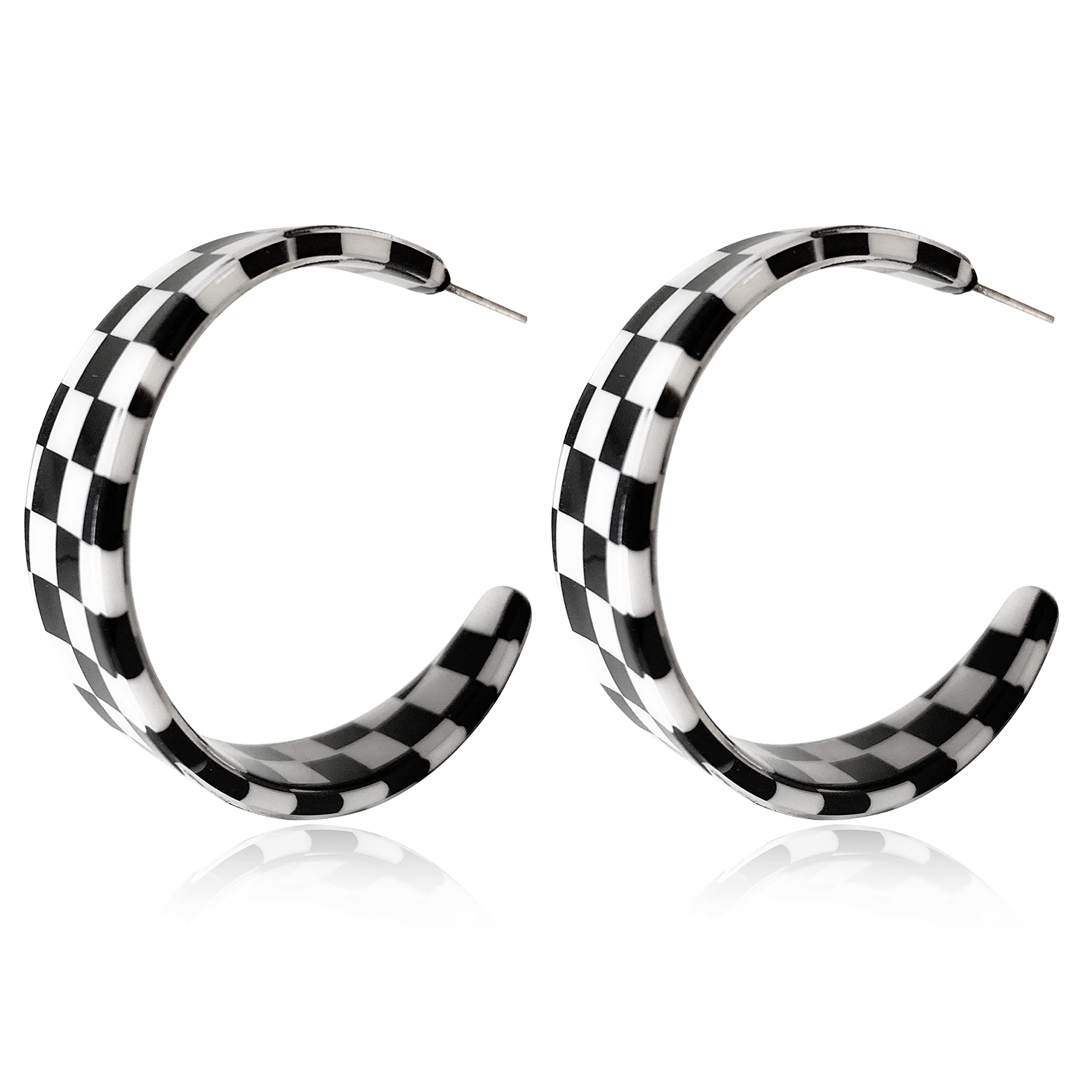 JIUIQL Unique Lightweight Minimalist 70s 80s 90s Vintage C Shaped Acrylic Resin Dangle Drop Earrings Fashion Geometric Black White Grid Hoop Earrings for Women Statement Jewelry Gifts (Black)