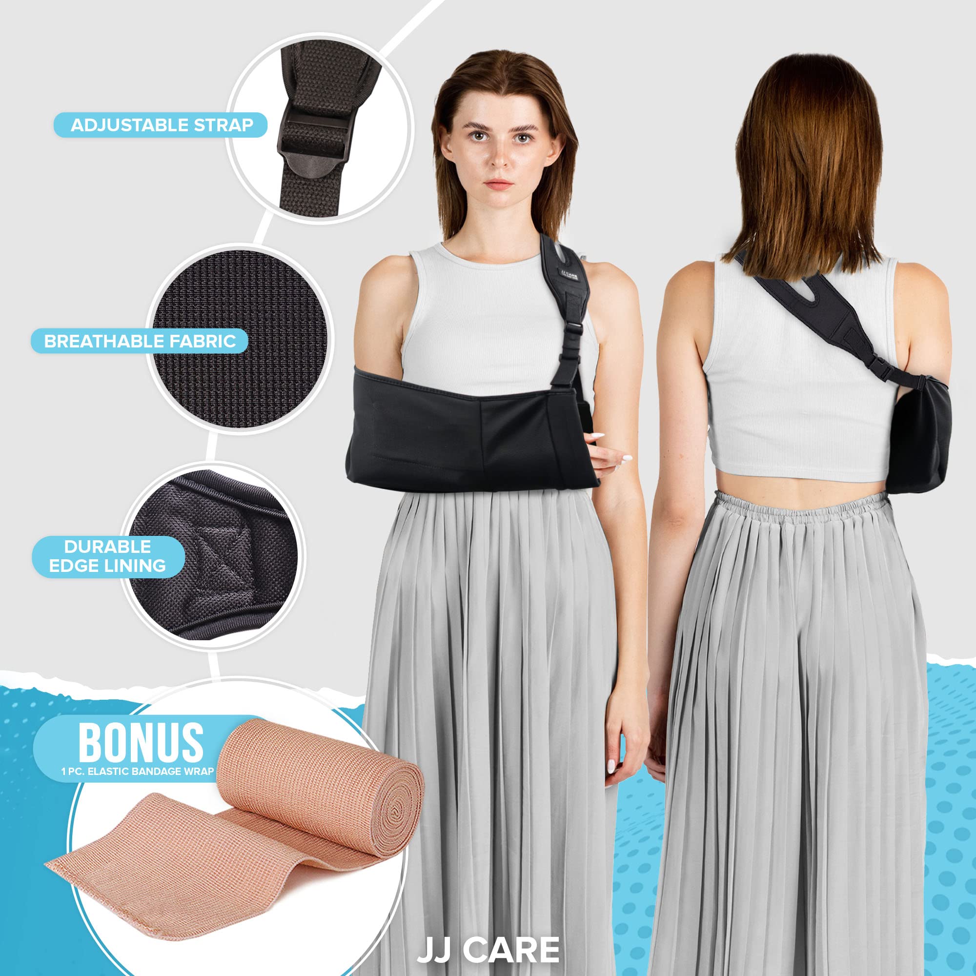 JJ CARE Arm Sling - Left or Right Arm Sling for Elbow, Shoulder Injury w/Quick Release Buckle - Shoulder Immobilizer with Elastic Bandage Wrap, Medical Shoulder Sling For Torn Rotator Cuff