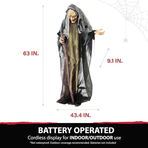 Haunted Hill Farm Life-Size Scary Poseable Talking Witch with Touch Activated Lights and Sound, Battery-Operated Indoor/Covered Outdoor Halloween Decoration