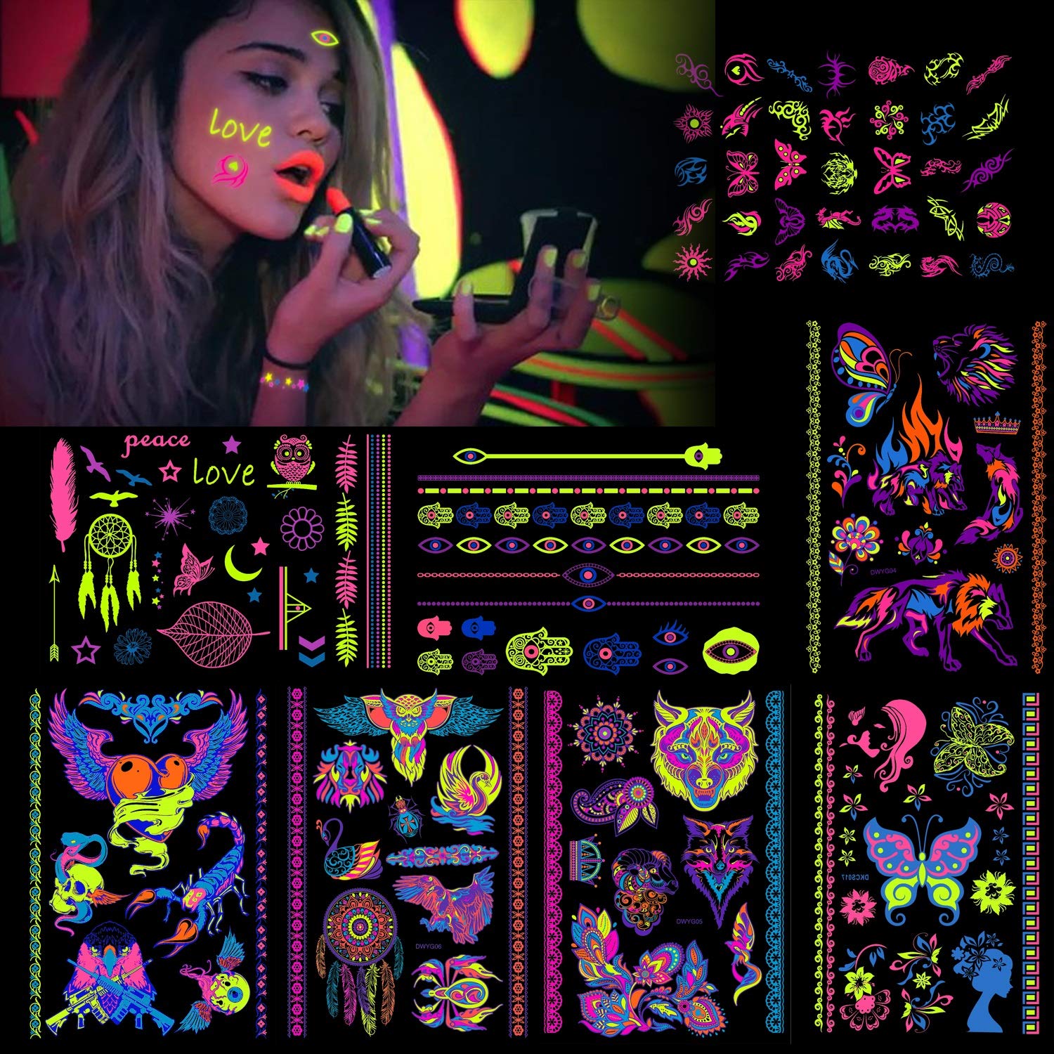 HOWAF 8 Large Sheets Neon Temporary Tattoos, 100+ Shimmer Designs Glow UV Neon Body Face Skin Tattoo Wolf Jewellery Tattoos Flash Fake Waterproof Tattoo Stickers for Women Men Girls Body Art