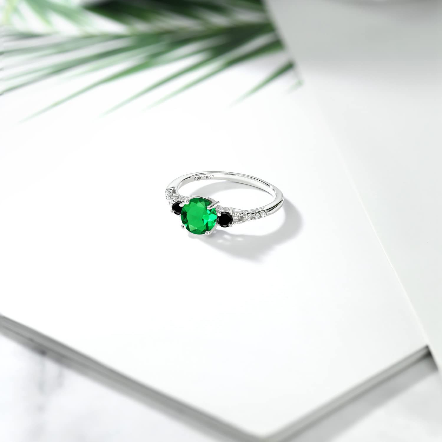 Gem Stone King 10K White Gold Green Nano Emerald Black Diamond and White Diamond Accent 3-Stone Engagement Ring For Women (0.95 Cttw, Round 6MM, Gemstone May Birthstone, Size 6)