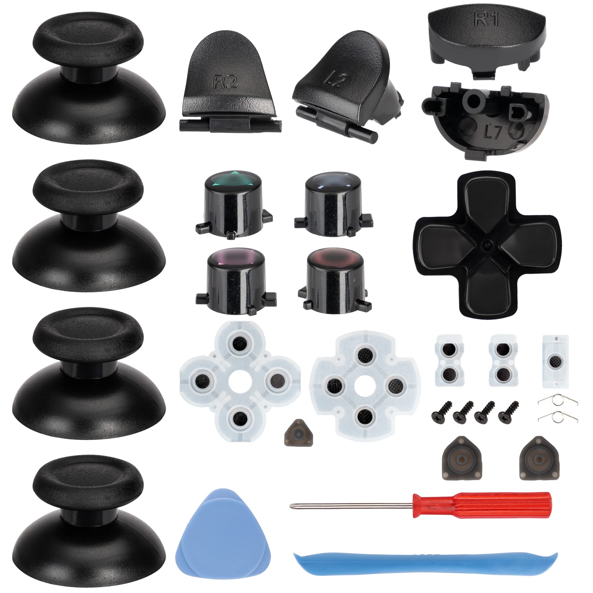 Full Button Set Replacement Parts for PS4 Controller, Thumbsticks, L1 R1 L2 R2 Triggers, Conductive Rubber Pads, ABXY Buttons, D-pad, Springs and Cross Screwdriver Repair Kit for PS4 Gen 1