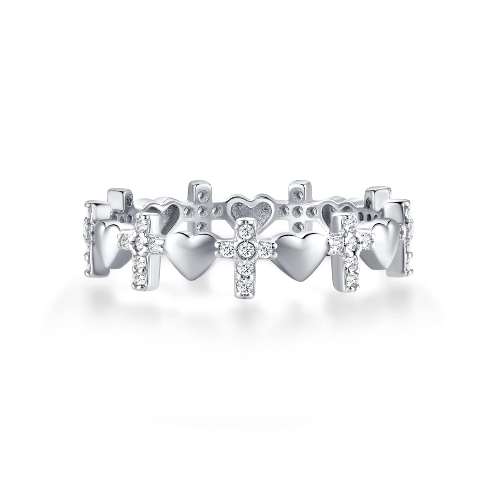 FUNYCHEN Heart Cross Ring, Cubic Zirconia Promise Rings For Women Stackable Ring Band 925 Sterling Silver Pray Cross Heart Rings Fashion Statement Ring US Size 6-8 (Silver, 7)