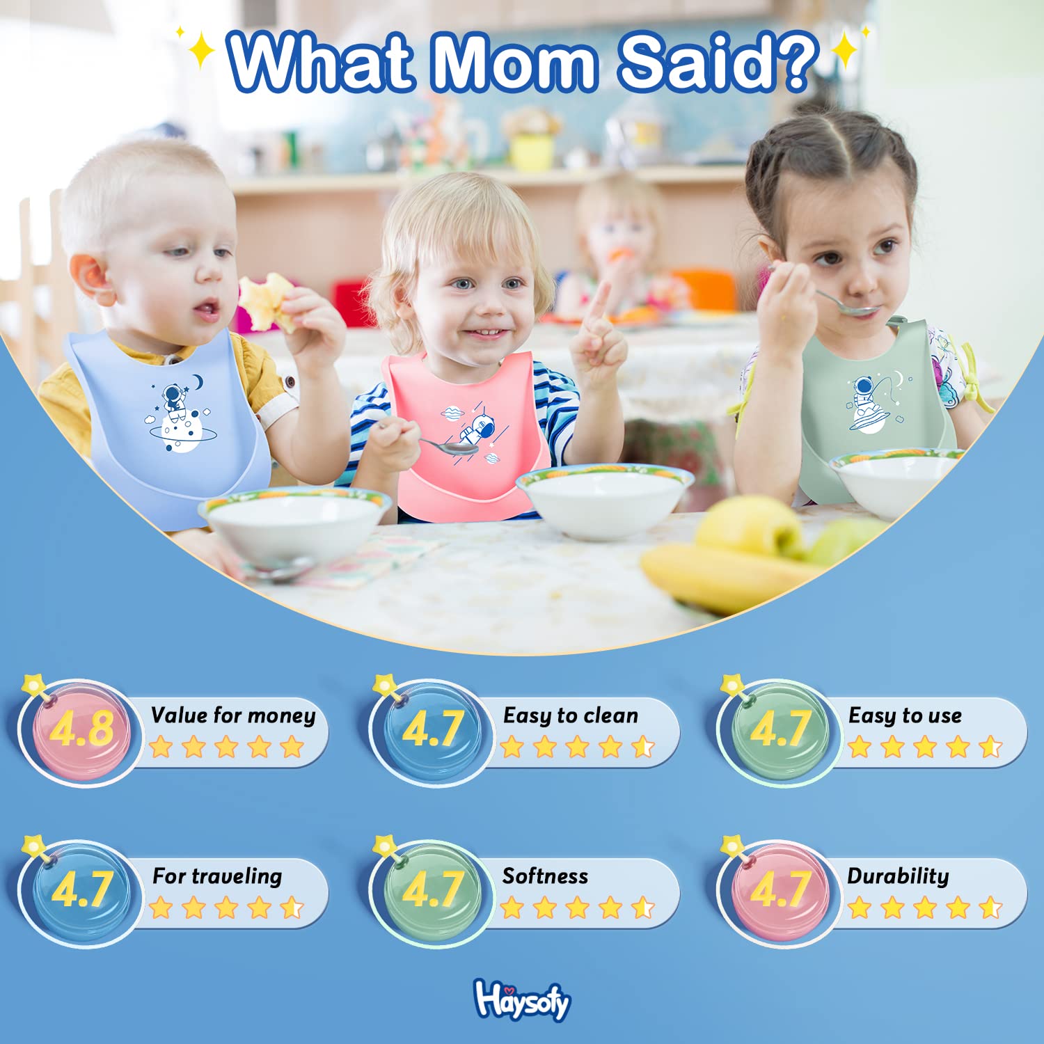 Haysofy Silicone Bibs, Set of 3 Silicone Baby Bibs for Babies & Toddlers, Waterproof, Soft, Adjustable Fit, Unisex, Non Messy