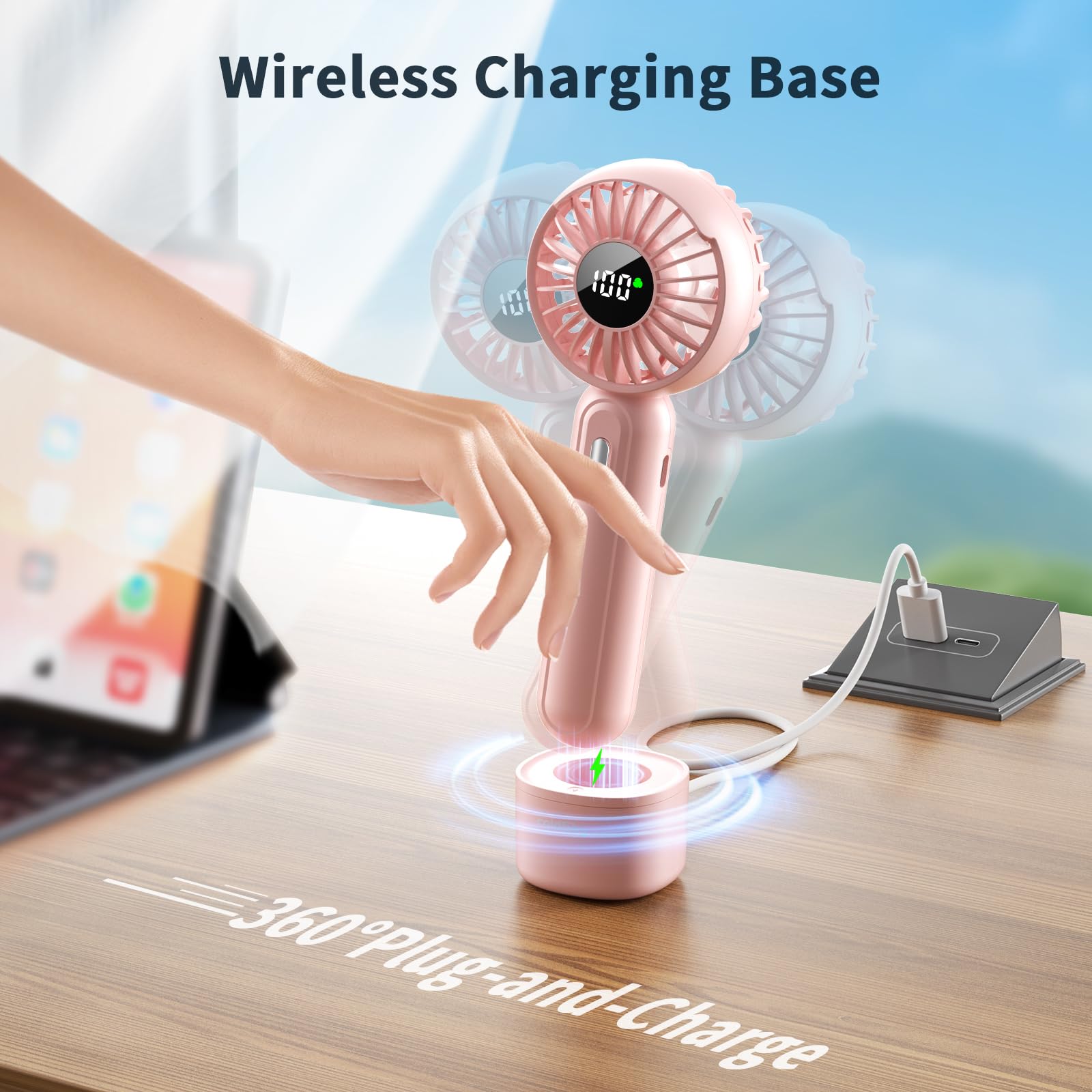 Handheld Fan with πͺπΆπΏπ²πΉπ²ππ Charging Base, 3 Speeds Portable Fan with Digital Display, 2000mAh Battery Operated Hand Held Fan, Handheld/Desk 2 in 1 Personal Fan Lash Fan Makeup Fan (Pink)