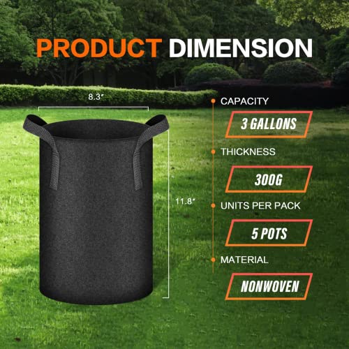iPower 3 Gallon Heavy Duty Thickened Aeration Grow Bags Nonwoven Fabric Pots with Strap Handles Container for Gardening, 5-Pack Black