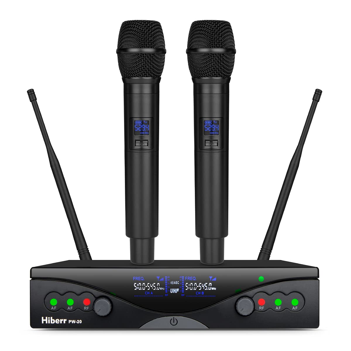 Hiberr Wireless Microphone System, Cardioid Dynamic Vocal Microphone, 240FT, UHF 512 – 542 MHz, 2 * 60 Selectable Frequencies, one-Key Switching Frequency, 15 – 17 Hours(PW-20)