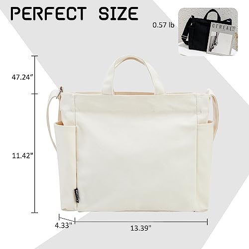 Plusfeel Canvas Tote Bag, Stylish Satchel Bag Lightweight Cotton Cross Body Top Zipper Closure Handbags for Women White