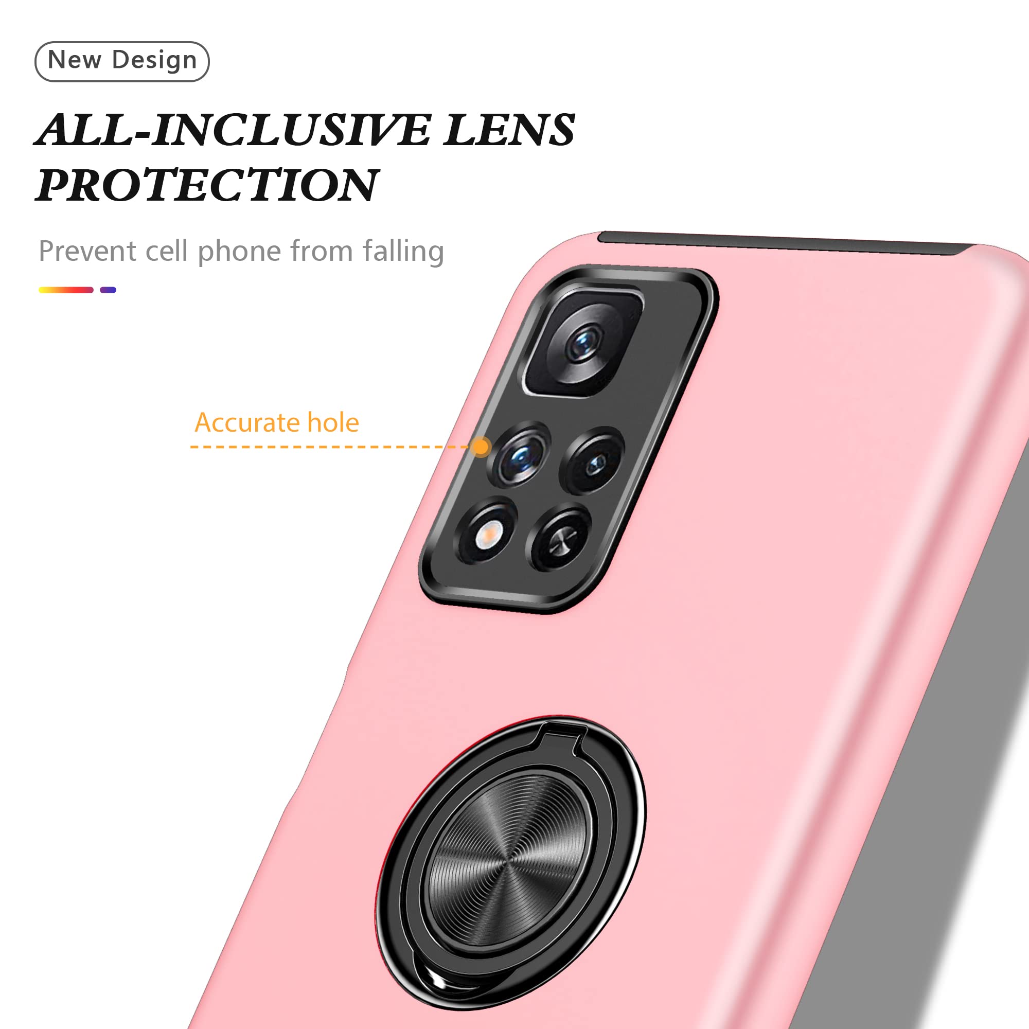 for Xiaomi Redmi Note 11 Pro 5g Case with Screen Protector 360 Degree Rotation Ring Kickstand Dual Layer Shockproof Silicone Slim Full Body Protection Durable for Redmi Note 11 Pro phone case (Pink)