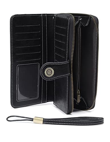 JJUQ Womens Wallet Leather Large Capacity Card Holder Zipper Wristlet Wallets for Women-black