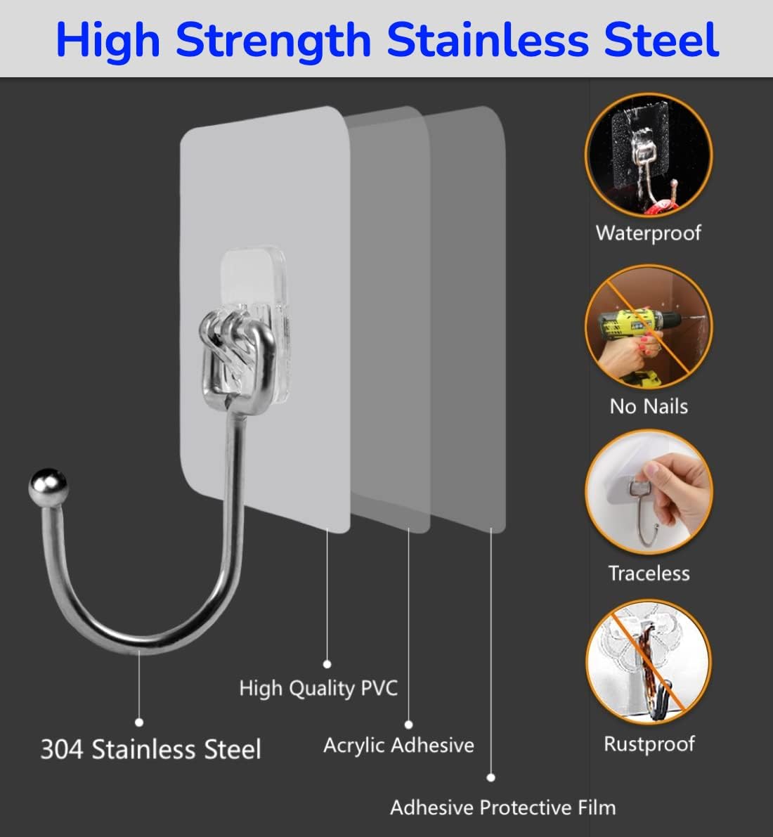 SZNKB Adhesive Hooks for Hanging Heavy Duty 44lbs(Max), Transparent Waterproof Oil-Proof and Rustproof Wall Hooks, Towel and Coats Hooks for Bathroom,Kitchen Home and Office, 12 Pack