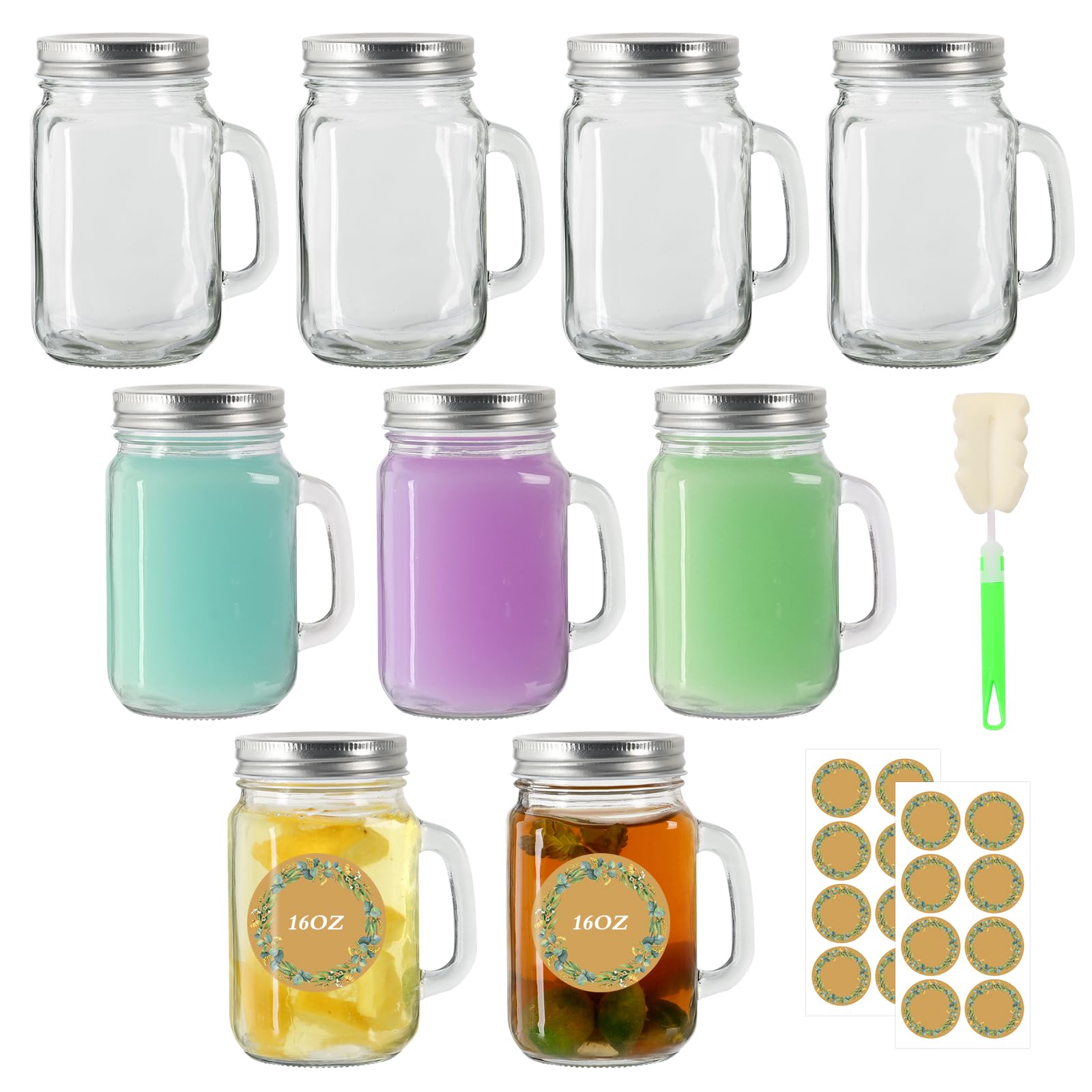 SZUAH Mason Jar with Handle, 9 Pack 16 oz Mason Jar Mugs, Drinking Jars, Glass Mason Jar Cups with Lids and Brush for Cocktails, Juice And Milk