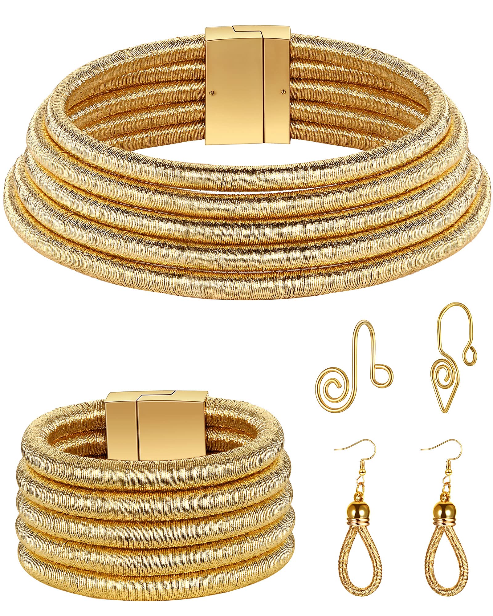 Hicarer 5 Pieces African Jewelry for Women, African Statement Choker Layered Collar Necklace Tribal Style Earrings Bracelet Faux Nose Rings Nose Cuffs Hoop African Jewelry for Ladies(Gold)