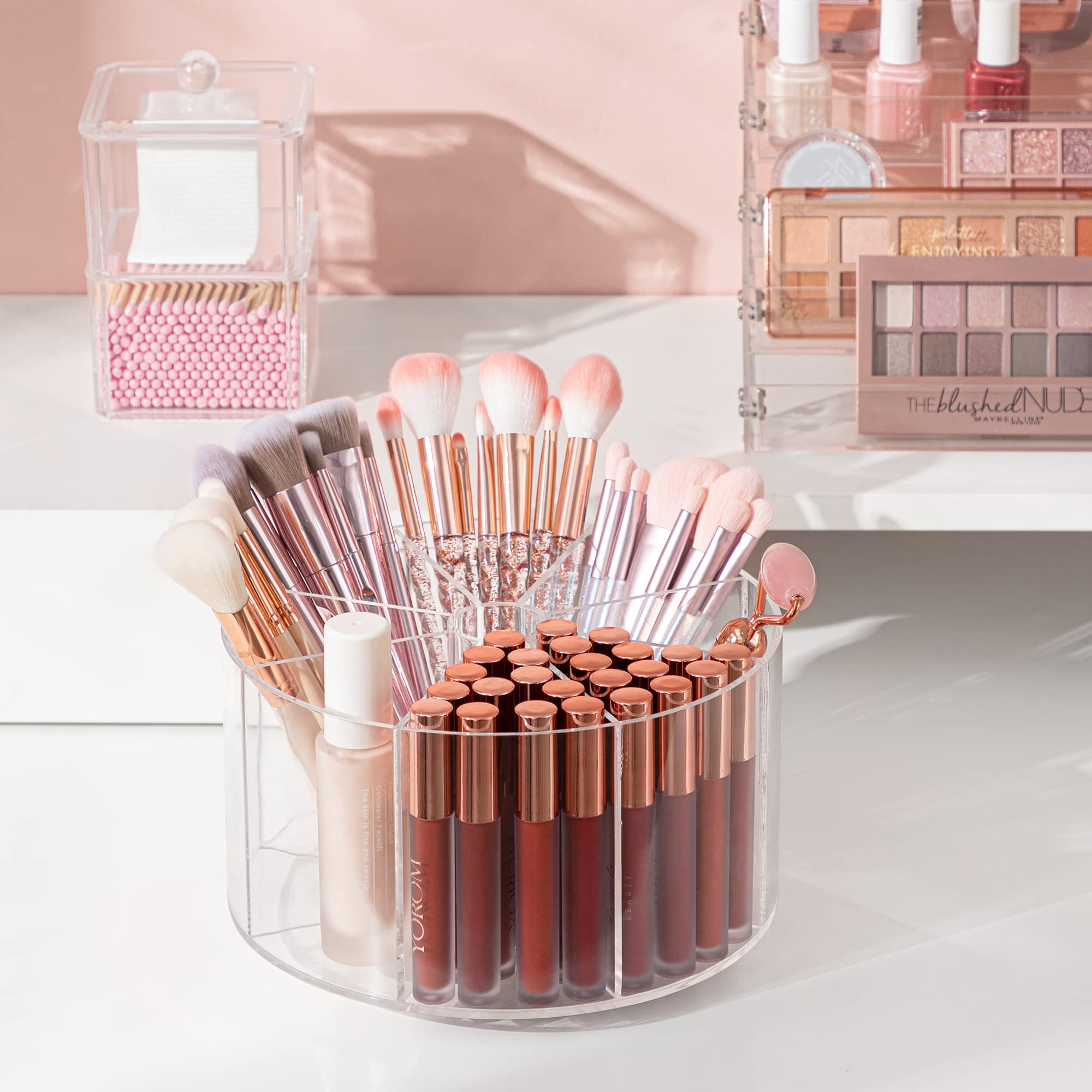 HBlife Clear 360 Rotating Makeup Brush Holder Organizer, 8.26 x 8.26 x 4.48 Inches Acrylic Makeup Organizer with 8 Compartments