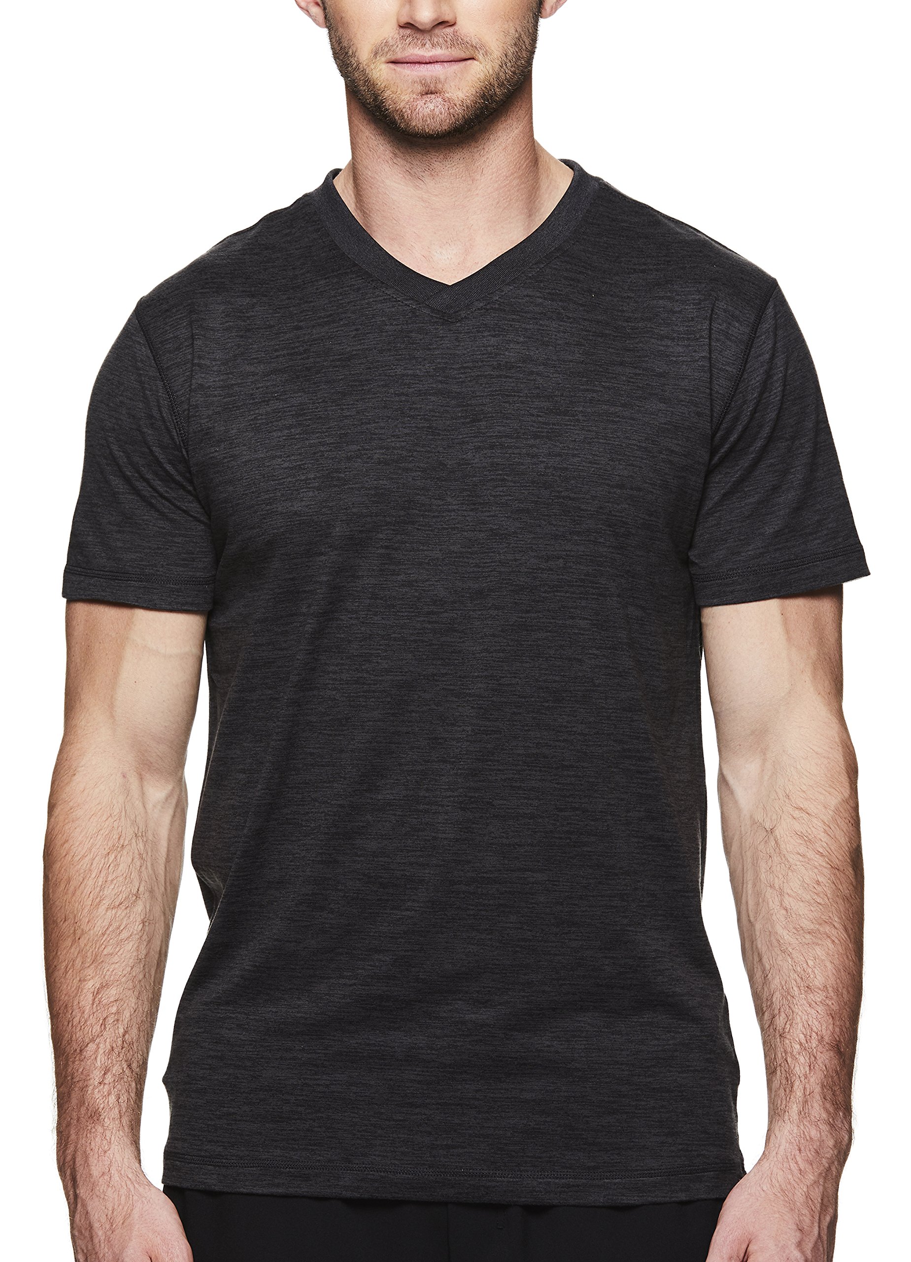 Gaiam Men's Everyday Basic V Neck T Shirt - Short Sleeve Yoga & Workout Top - Black Heather Everyday, X-Large