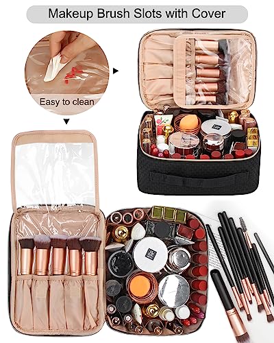 Relavel Travel Makeup Bag, Large Cosmetic Organizer Case Travel Toiletry Storage Train Case for Women and Girls, with Brush Compartment and Easy to Clean Lining, Black
