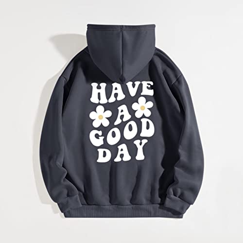 Women Oversize Fleece Hoodie Sweatshirt Long Sleeve Floral Slogan Letter Graphic Print Drop Shoulder Drawstring top Grey