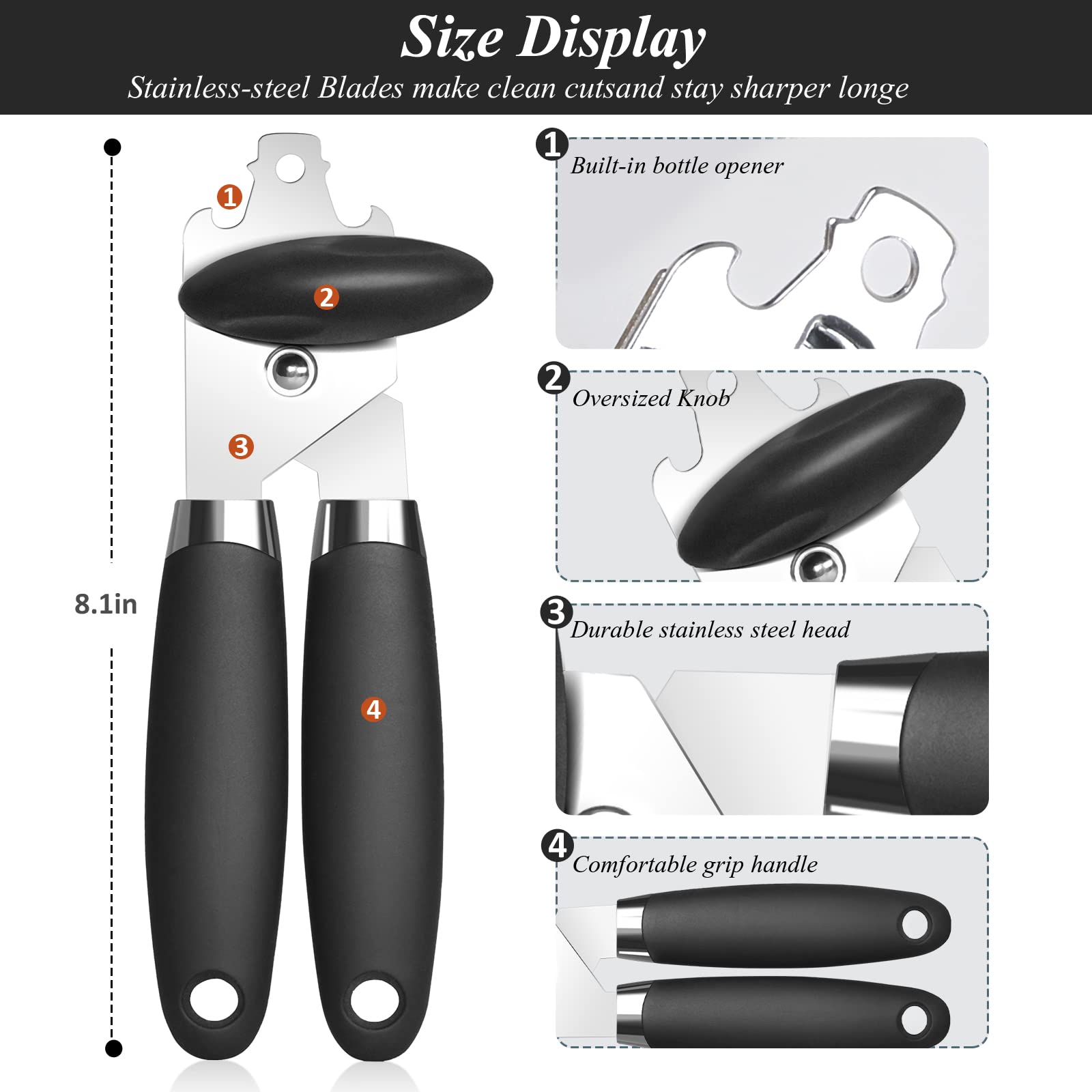 Jiaying Can Opener with Oversized Turn Knob and easy to grip with Comfortable Soft Handle,The Manual Handheld Can Opener, Sharp Cutting Wheel Built-in Bottle OpenerāBlack