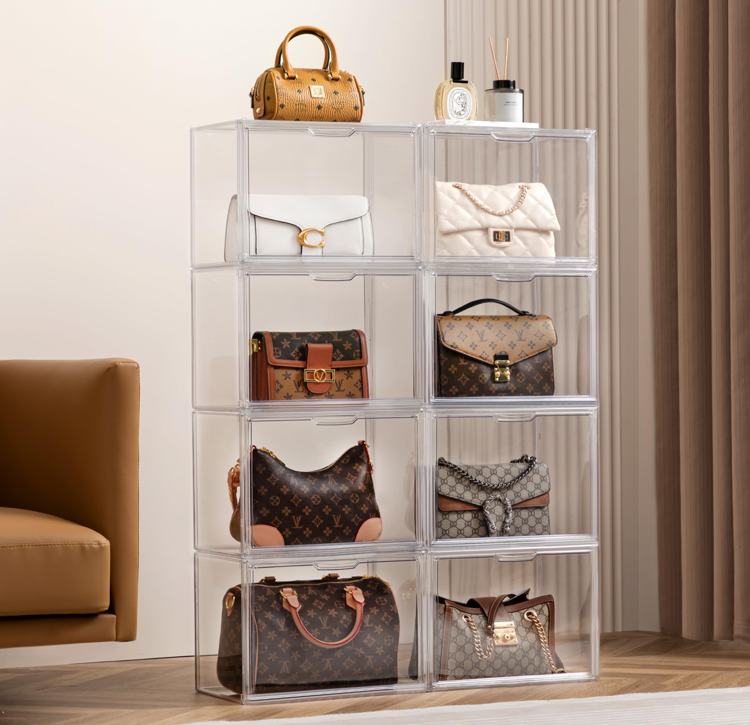 HBlife Plastic Purse and Handbag Storage Organizer for Closet, Stackable Acrylic Display Case Clear Shoe Box for Clutch, WalletFigure and Collectible, 3 Pack
