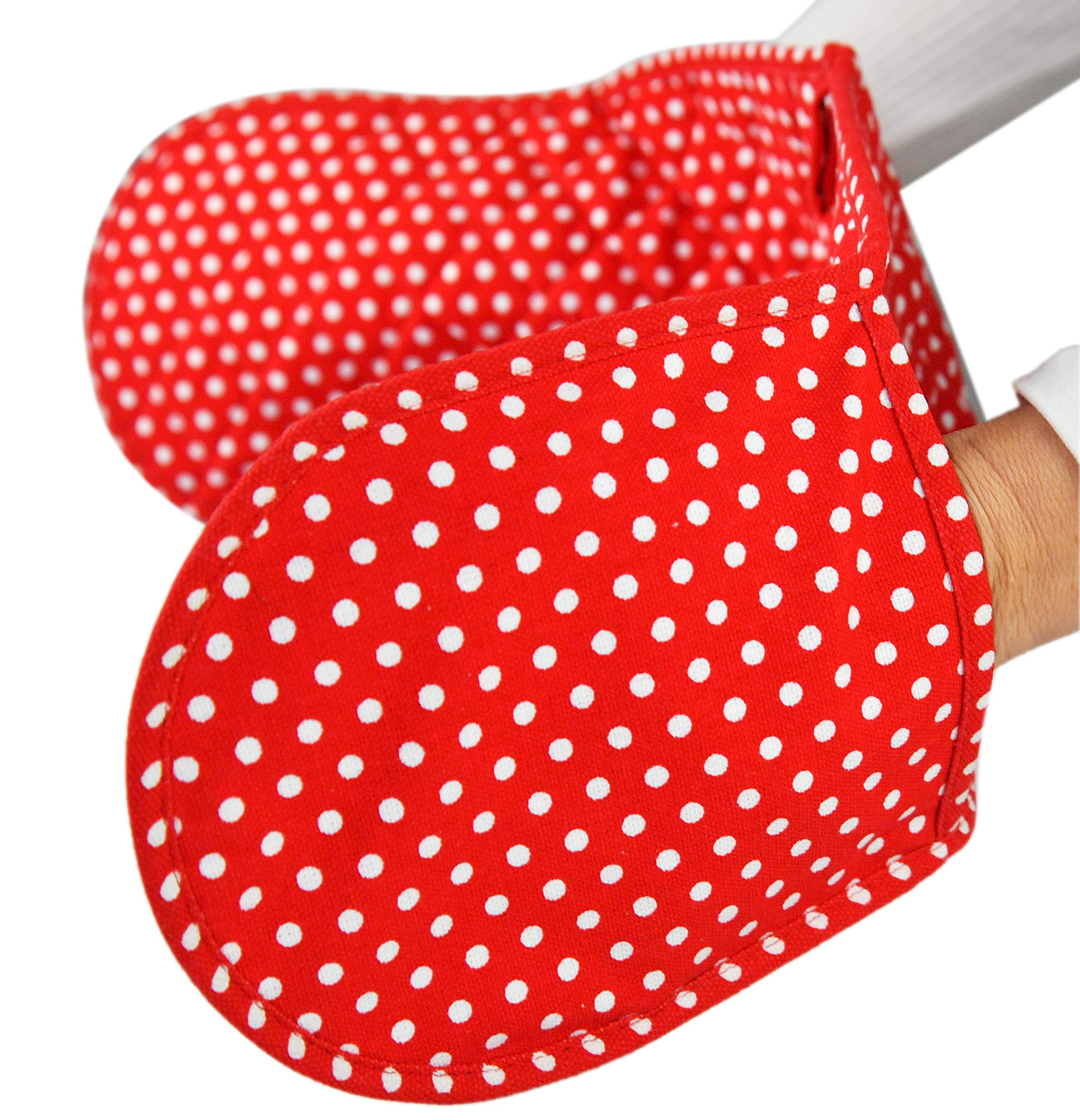 Home-X Red Polk Dot Double Oven Mitt for Cooking and Serving, Heat Resistant, Extra Long Potholder, Oven Gloves to Protect Hands and Arms, Machine Washable -32”L