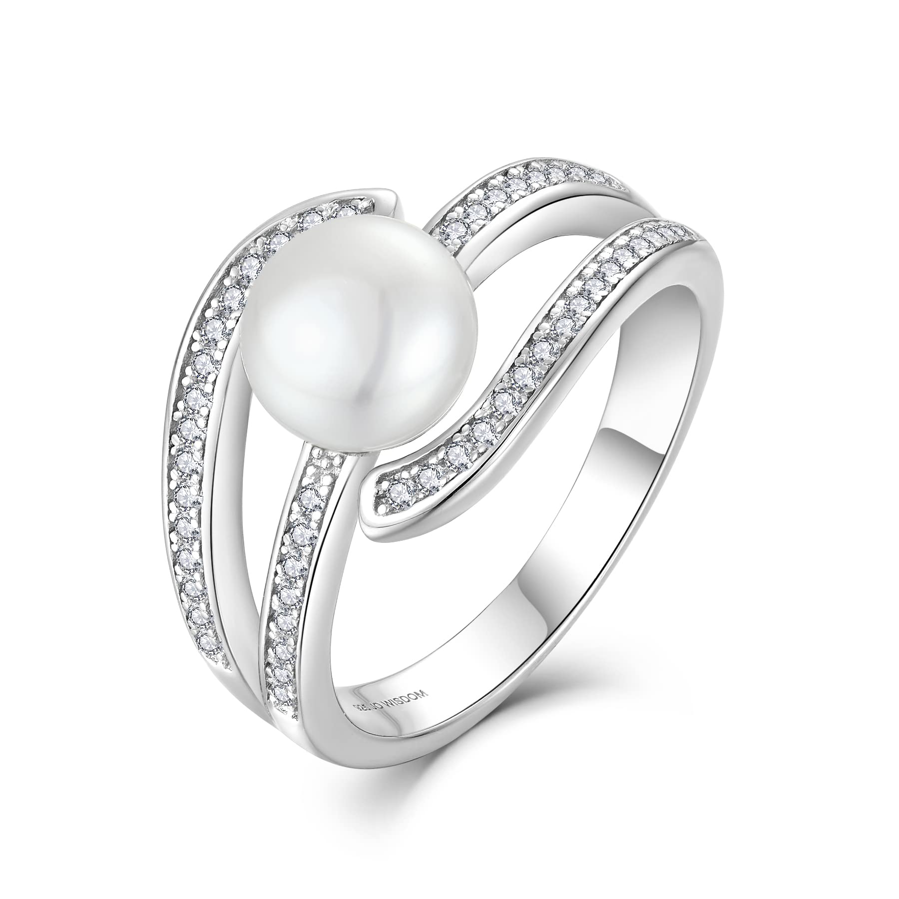 JO WISDOM Pearl Ring,925 Sterling Silver Cubic Zirconia Women's Rings with 8mm White Freshwater Cultured Pearl Ring size 8