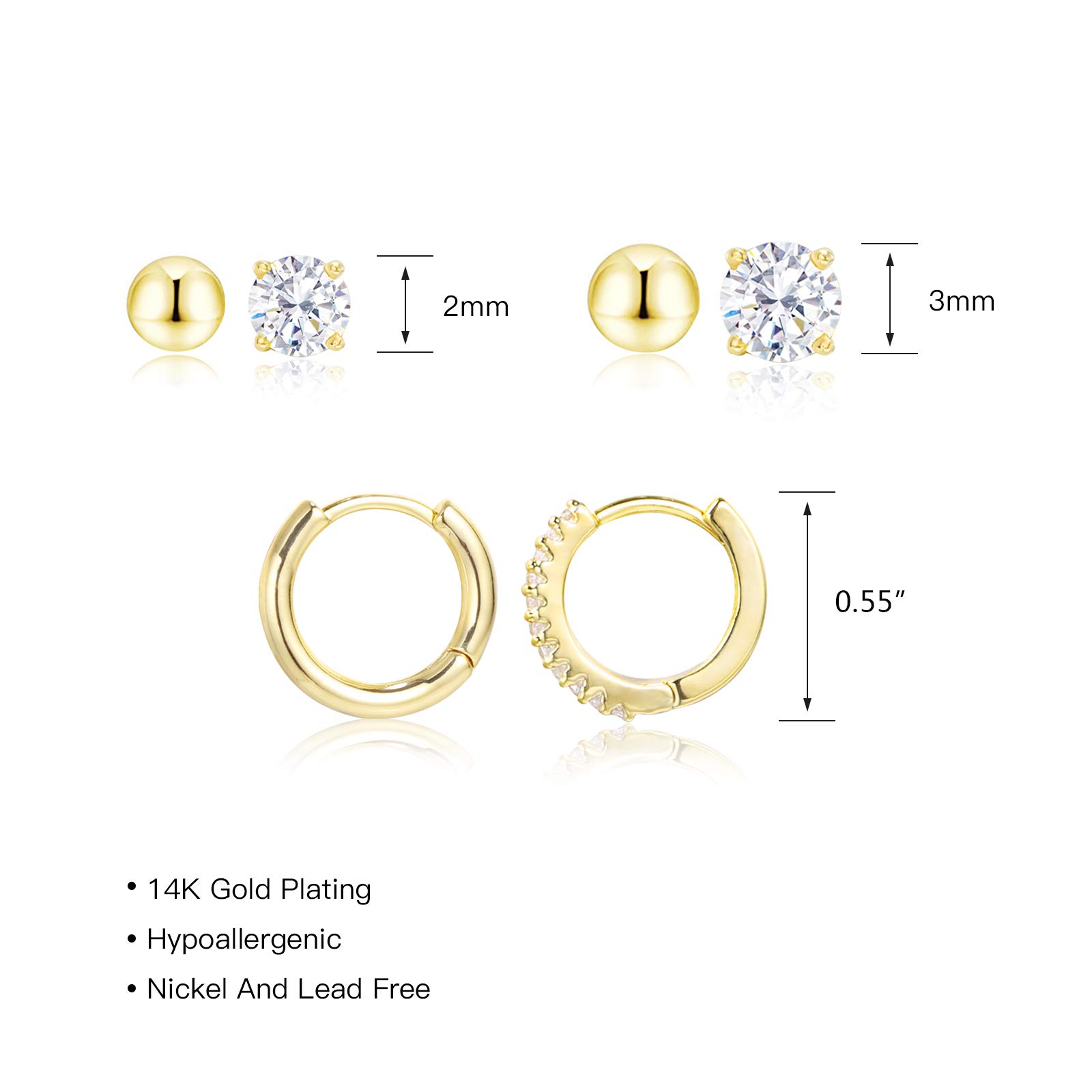 Earring Sets for Multiple Piercing | 14K Gold Plated Studs Earrings and Hoops Set Hypoallergenic Small Hoop CZ Ball Studs Earrings for Women Trendy(6 Pairs)