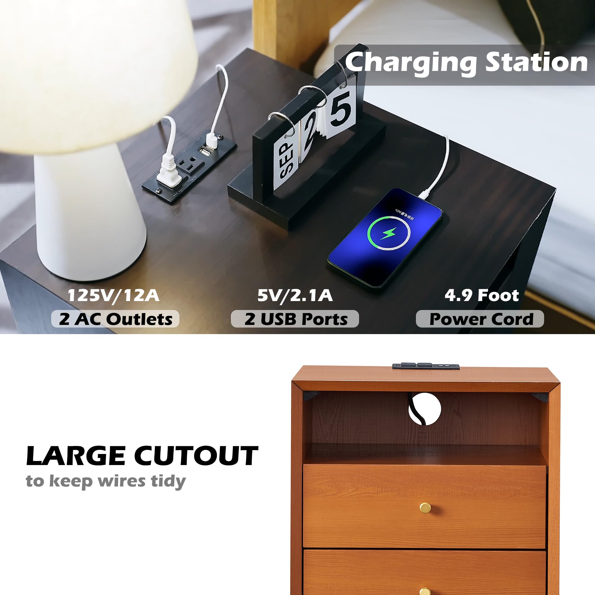 T4TREAM Nightstand with Charging Station, 18" Mid Century Modern Side Table, 2 Drawer Dresser, End Table w/Storage, Bedside Table for Bedroom, Living Room, Beveled Profile Design, Natural Oak