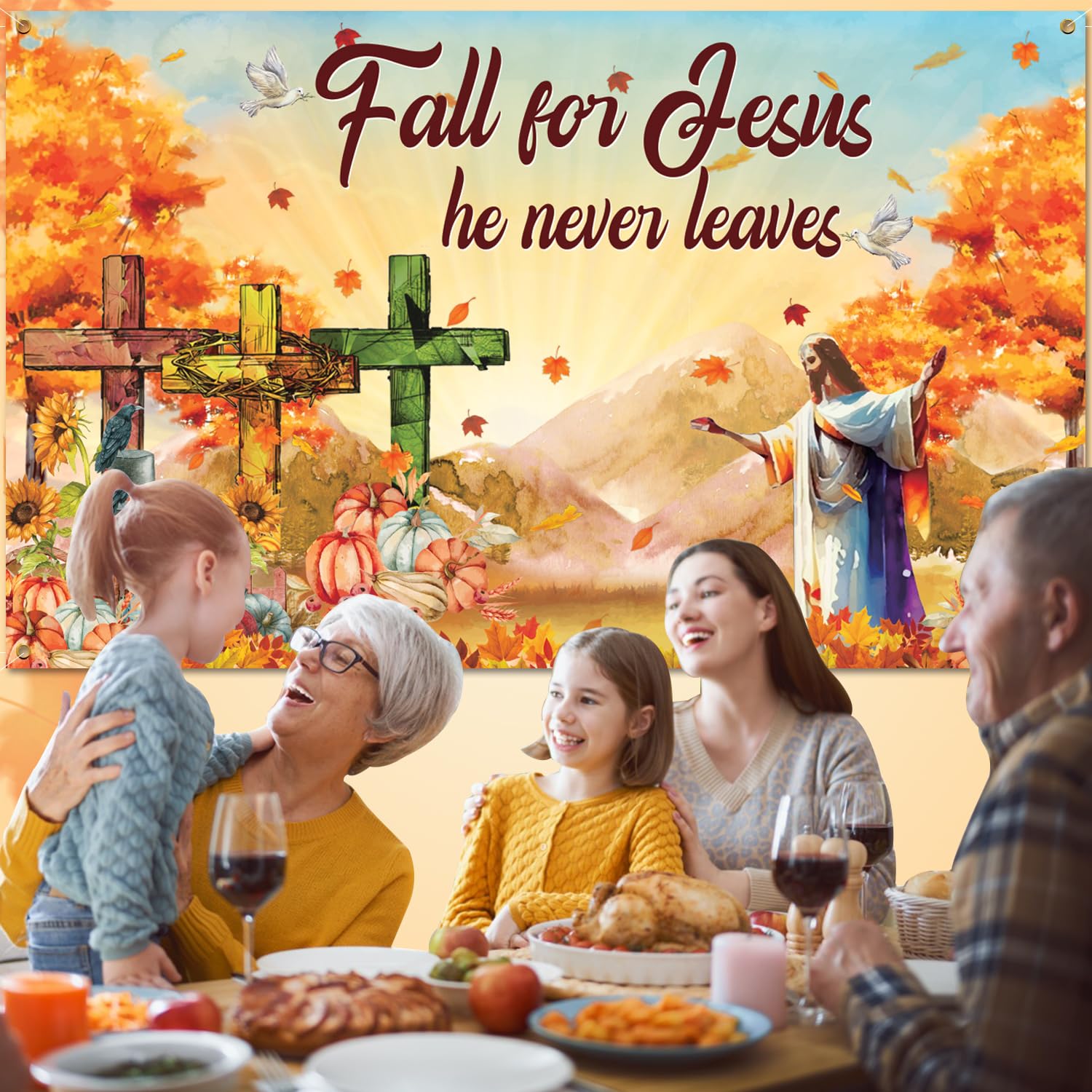 Fall for Jesus He Never Leaves Banner, Fall for Jesus He Never Leaves Decorations, Fall Banner for Christian Fall Decorations, Fall Festival Decorations-71"x44"