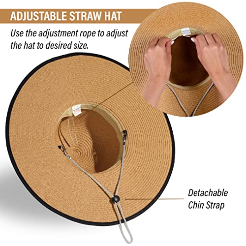Funcredible Khaki Sun Hat for Women - Khaki Wide Brim Hat - Large Floppy Beach Hat - Straw Sun Hats with Bow and Heart Shape Glasses (Black Rim)