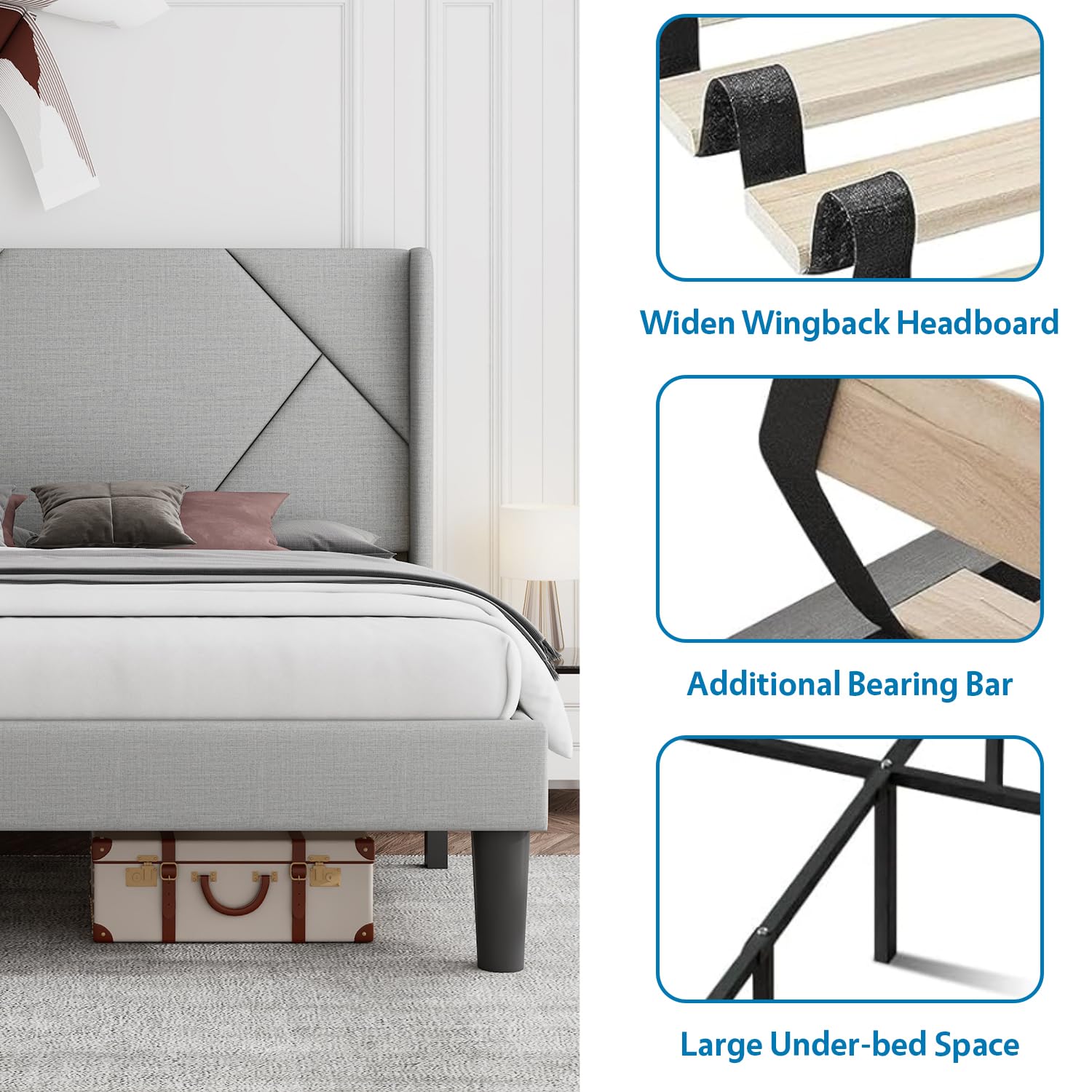 Fangflower Full-size Platform Bed Frame with Fabric Wingback Headboard/Upholstered Headboard/12 Solid Wooden Slats/No Box Spring Needed, Non-Slip and Noise-Free,Light Gray