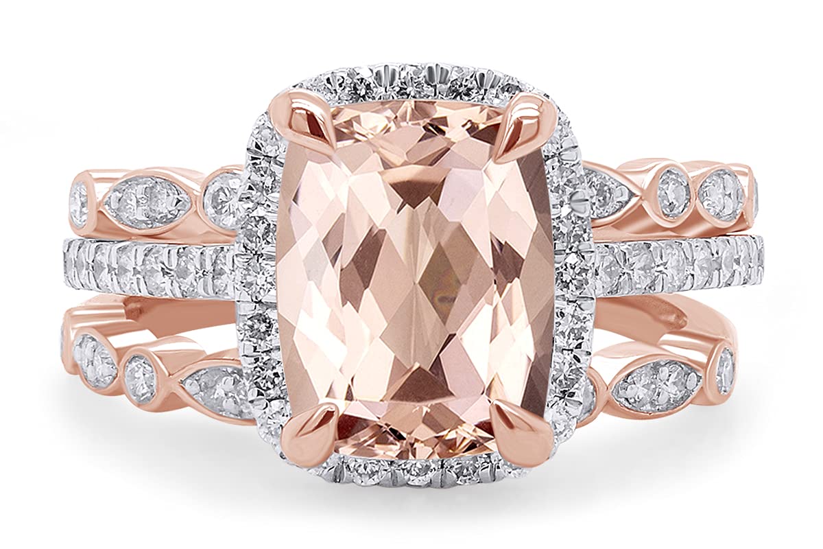 GEMVIO Collection 2 1/3 CT 7X9MM Cushion Cut Morganite Gemstone And Diamond Trio Ring Set in 14K Solid Rose Gold Engagement Anniversary Wedding Ring Set(2.34Cttw)
