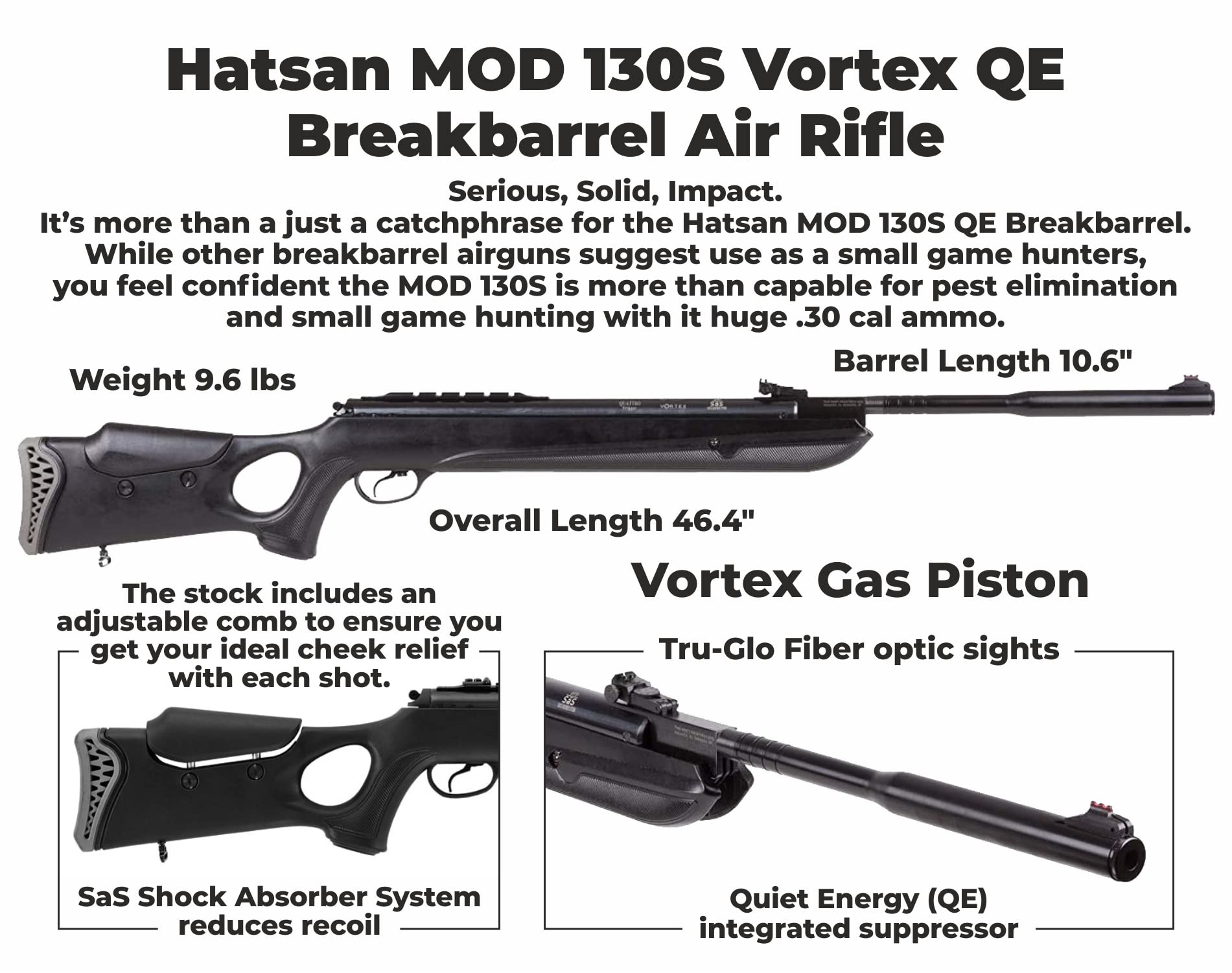 Hatsan Mod 130S Carnivore .30 Cal 600 FPS / 34 FPE - Big bore Break Barrel Air Rifle .30 Caliber w/Vortex Piston & QuietEnergy (QE)| Medium Game air Gun + Wearable4U Pack of 100x Pellets Bundle
