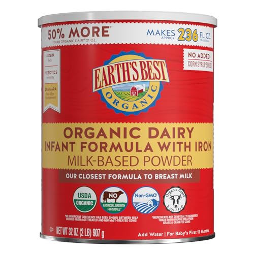 Earth's Best Organic Baby Formula for Babies 0-12 Months, Powdered Dairy Infant Formula with Iron, Omega-3 DHA, and Omega-6 ARA, 32 oz Formula Container